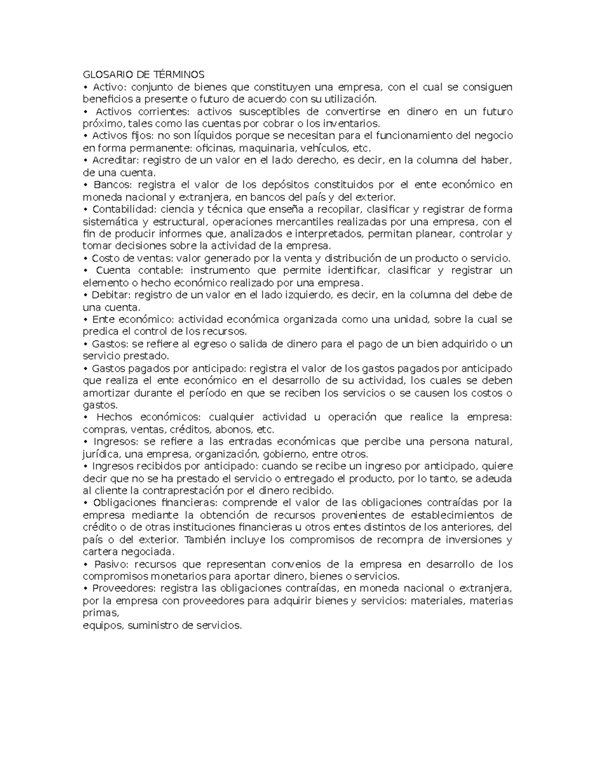 Glosario Terminología Contable y cuentas contables introductorio a la ...