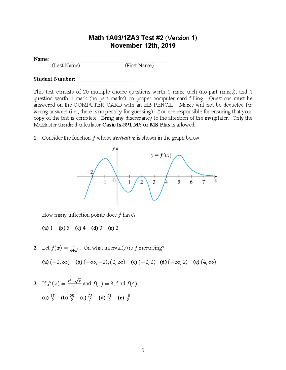 Sample test 2 - Example test - Math 1A03/1ZA3 Test #2 (Version 1 ...