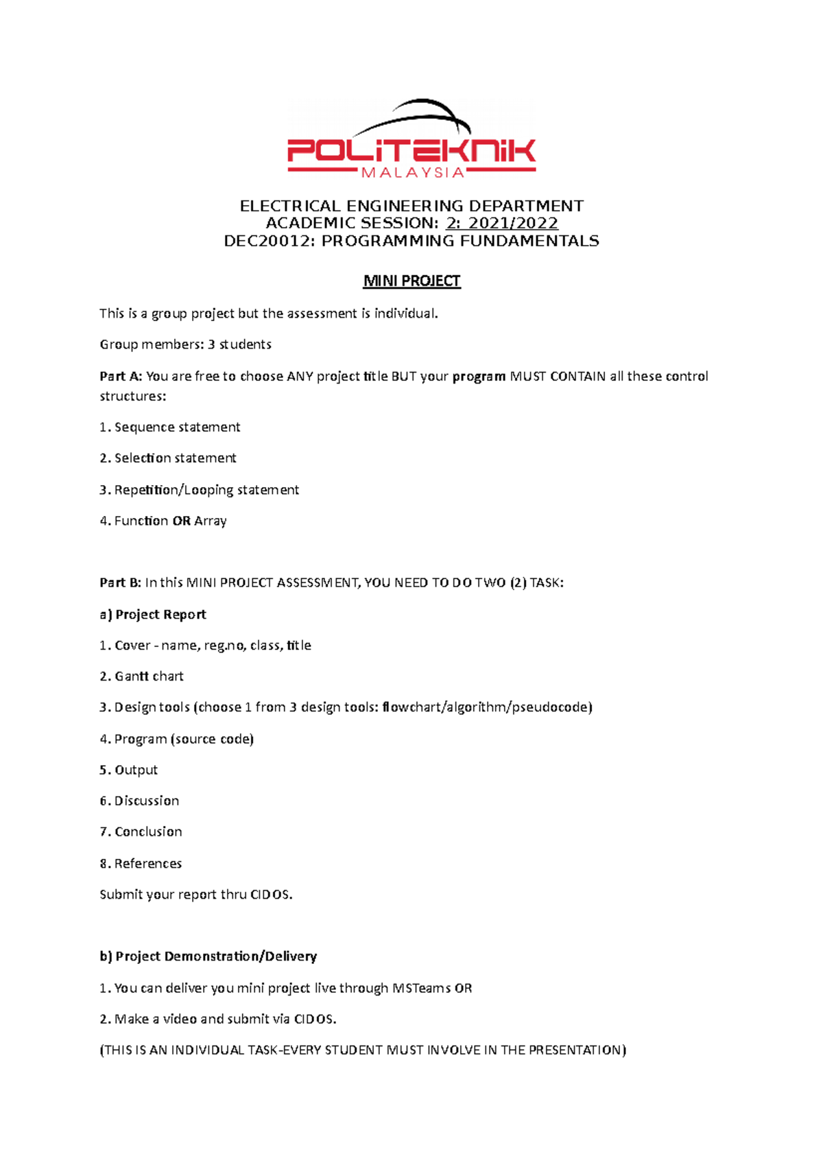 MINI Project Instruction - ELECTRICAL ENGINEERING DEPARTMENT ACADEMIC ...
