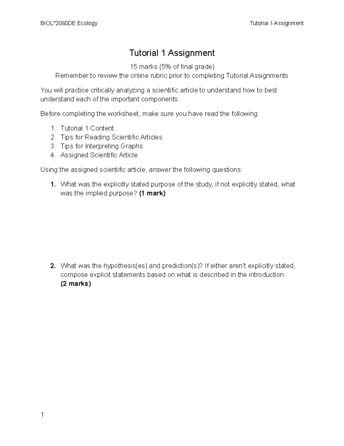 Tutorial 1 Assignment Biol2060de Ecology Tutorial 1 Assignment Tutorial 1 Assignment 15 Marks