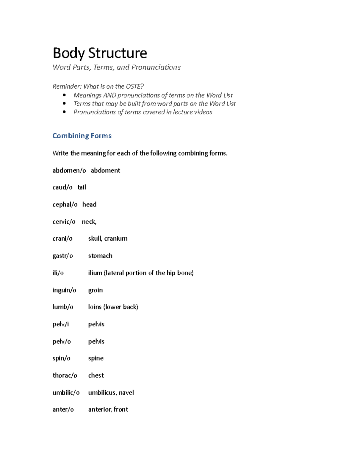 Word List 2 (Body Structure) - Body Structure Word Parts, Terms, and ...