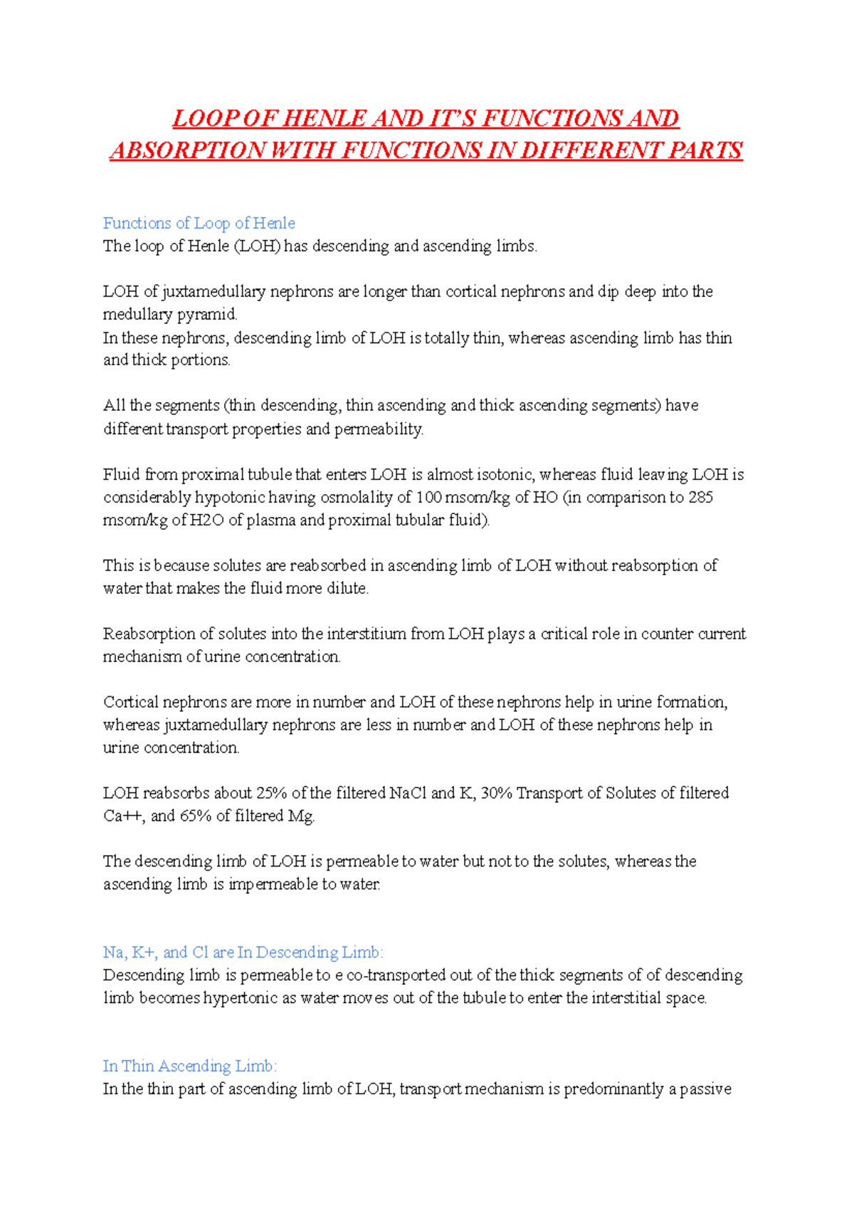 LOOP OF Henle AND IT’S Functions AND Absorption WITH Functions IN ...