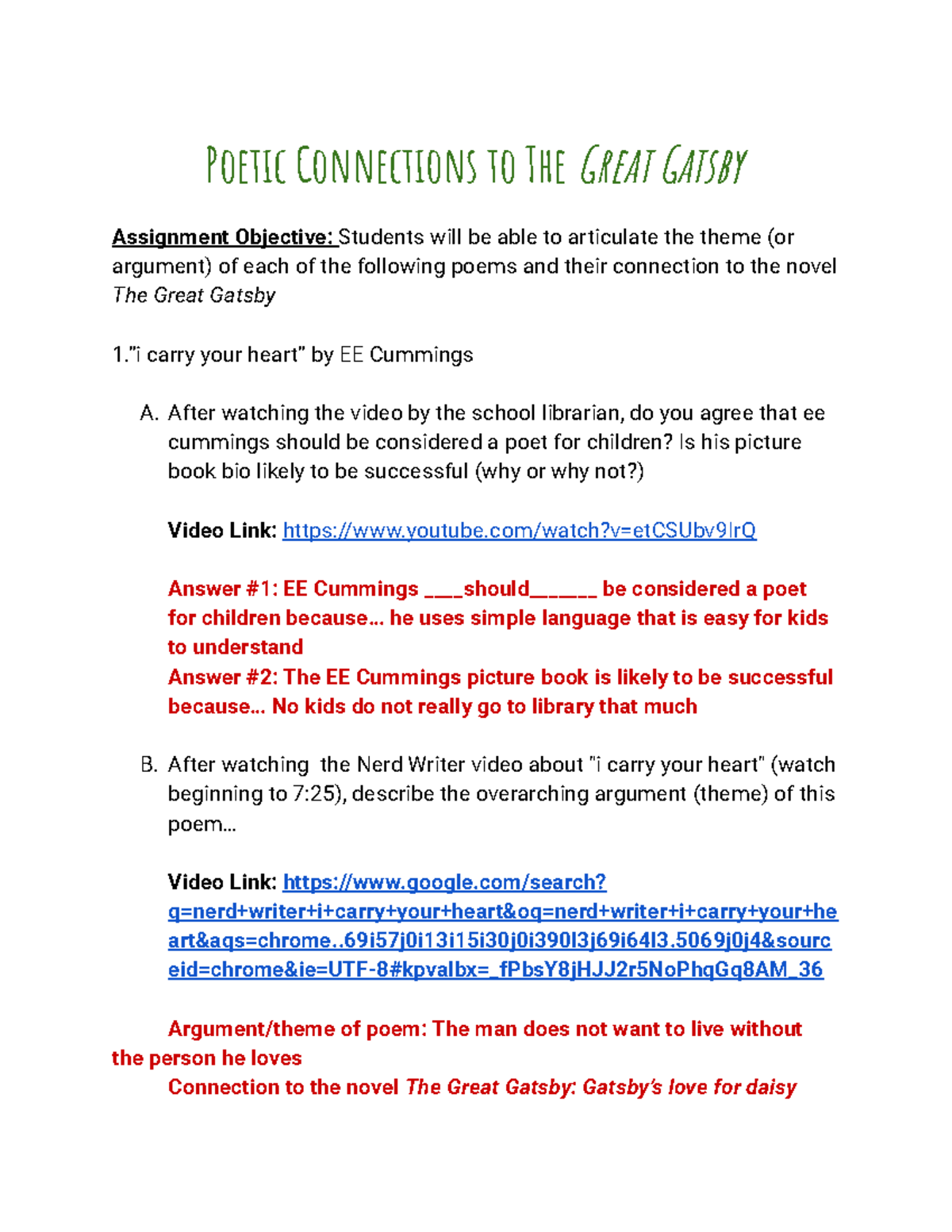 Copy of Poetic Connections to The Great Gatsby - Poetic Connections to ...