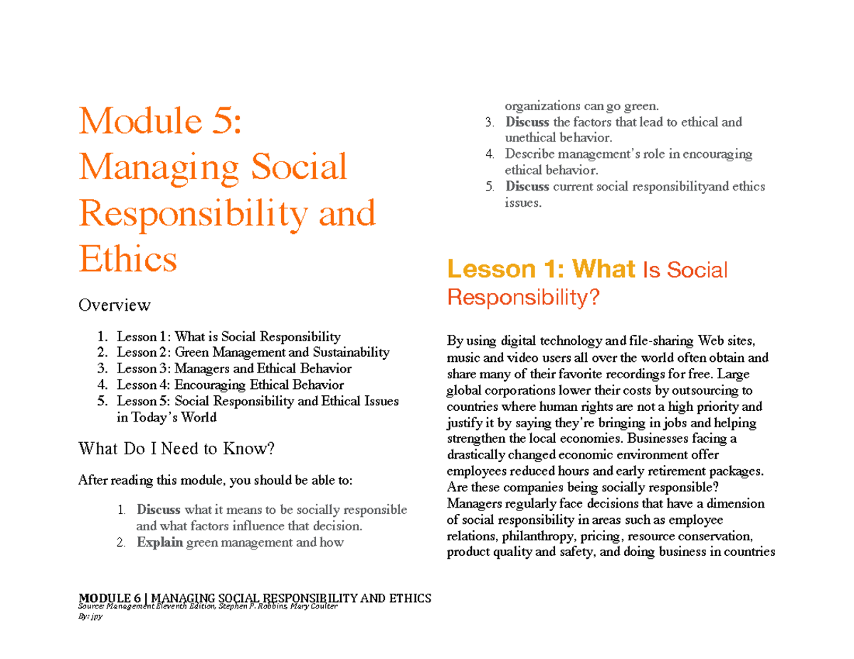 Module 6 - Managing Social Responsibilities and Ethics - MODULE 6 ...
