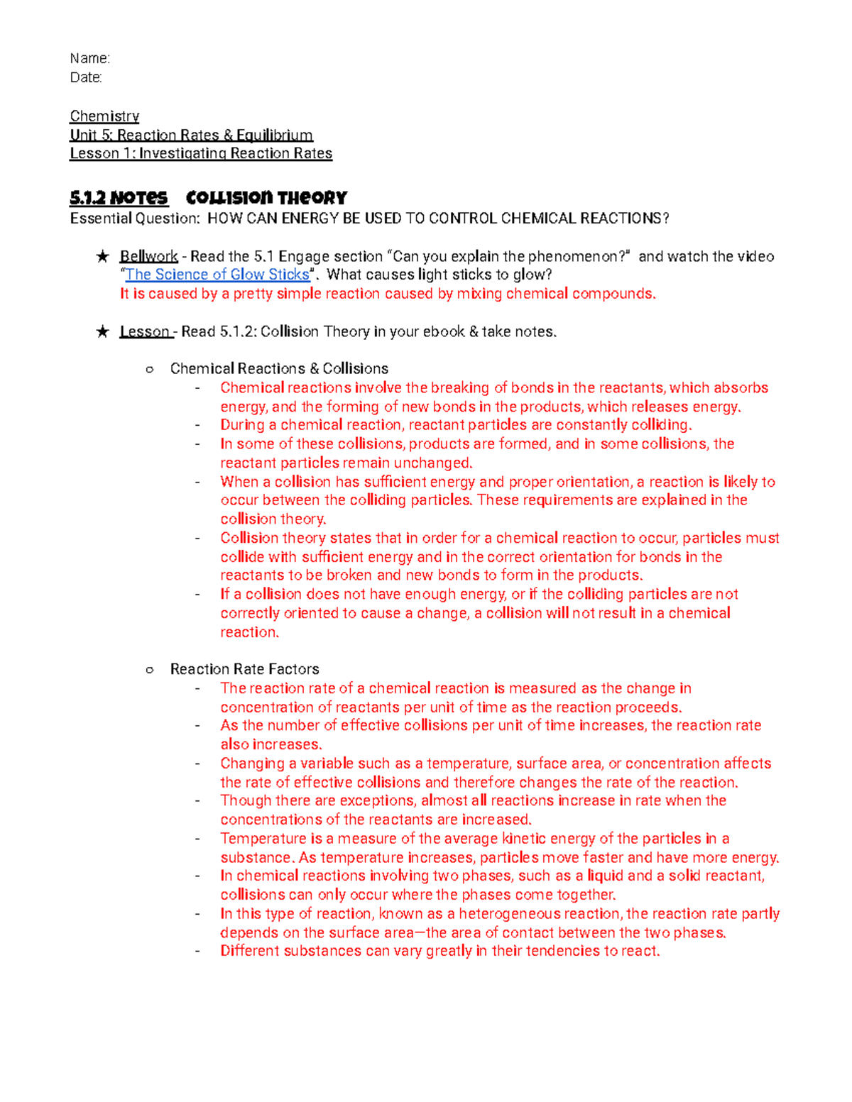 5.1.2 Notes - Name: Date: Chemistry Unit 5: Reaction Rates ...