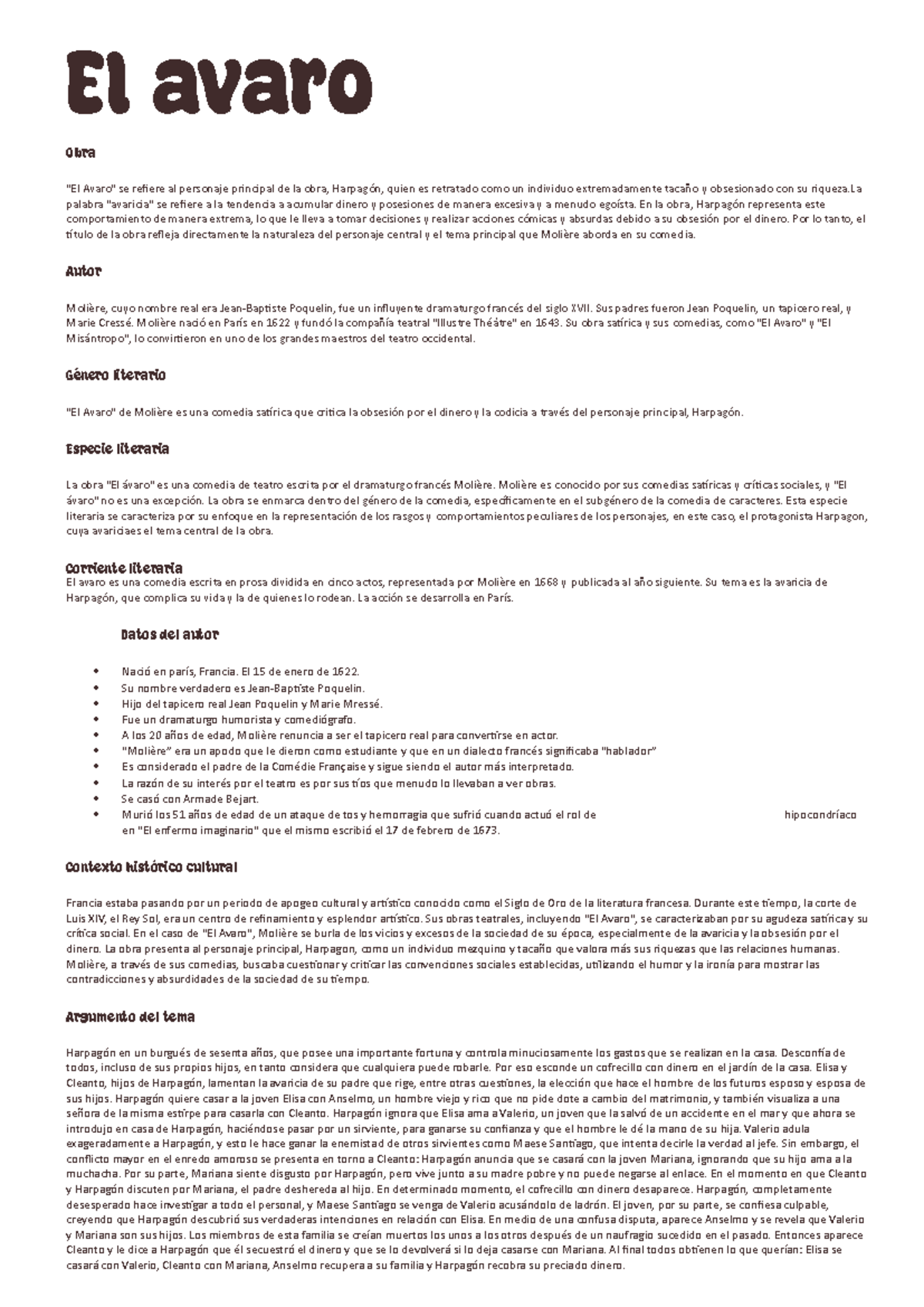 El avaro - obra - El avaro Obra "El Avaro" se refiere al personaje ...