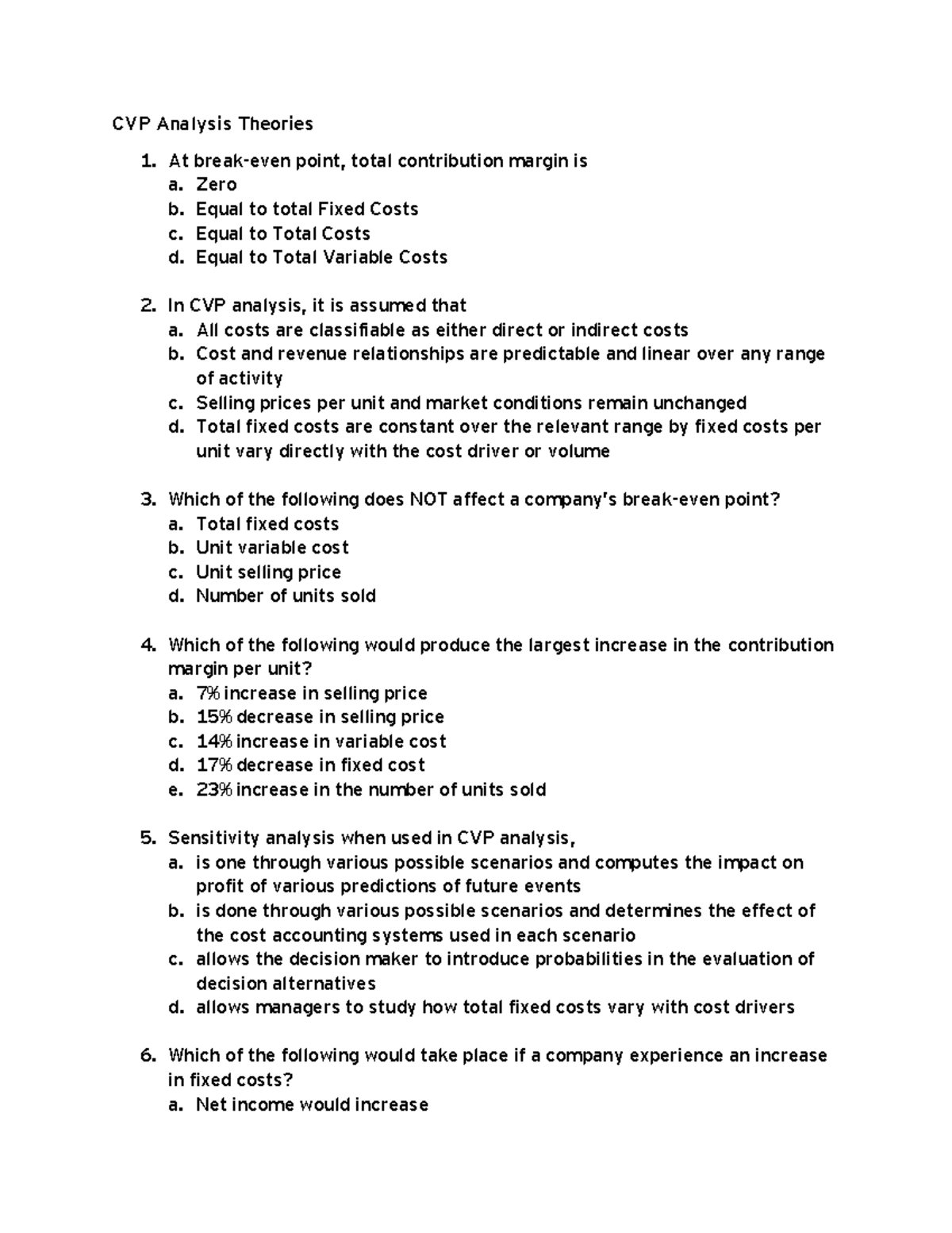 MAS CVP Analysis Theories - Strategic Cost Management - University of Santo Tomas - Studocu