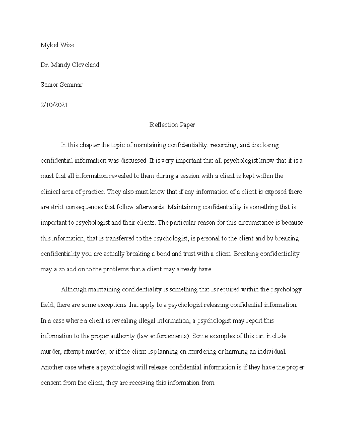 Senior Seminar Reflection paper - Mykel Wise Dr. Mandy Cleveland Senior ...