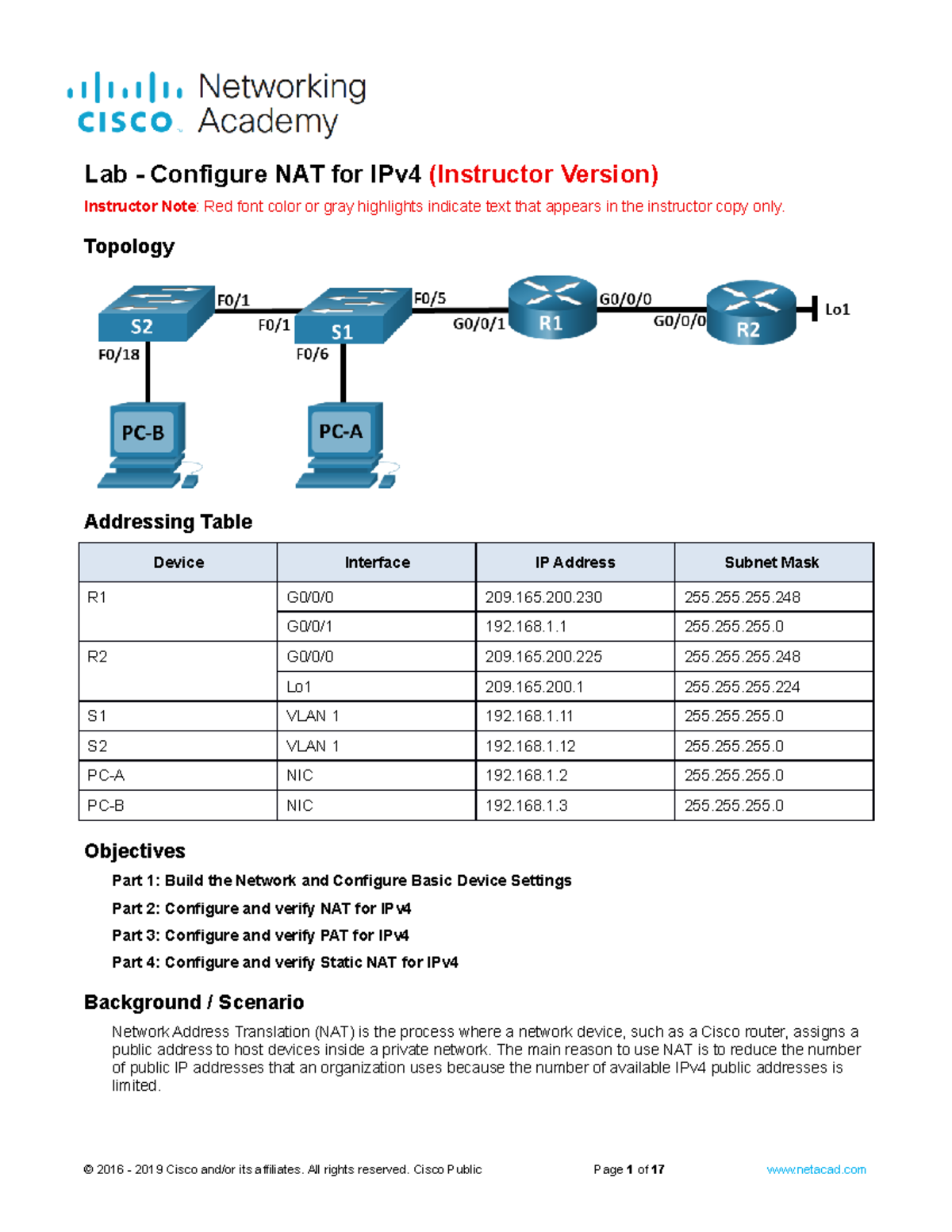 6.8.2 Lab - Configure NAT for IPv4 - ILM - Lab - Configure NAT for IPv4 (Instructor Version ...