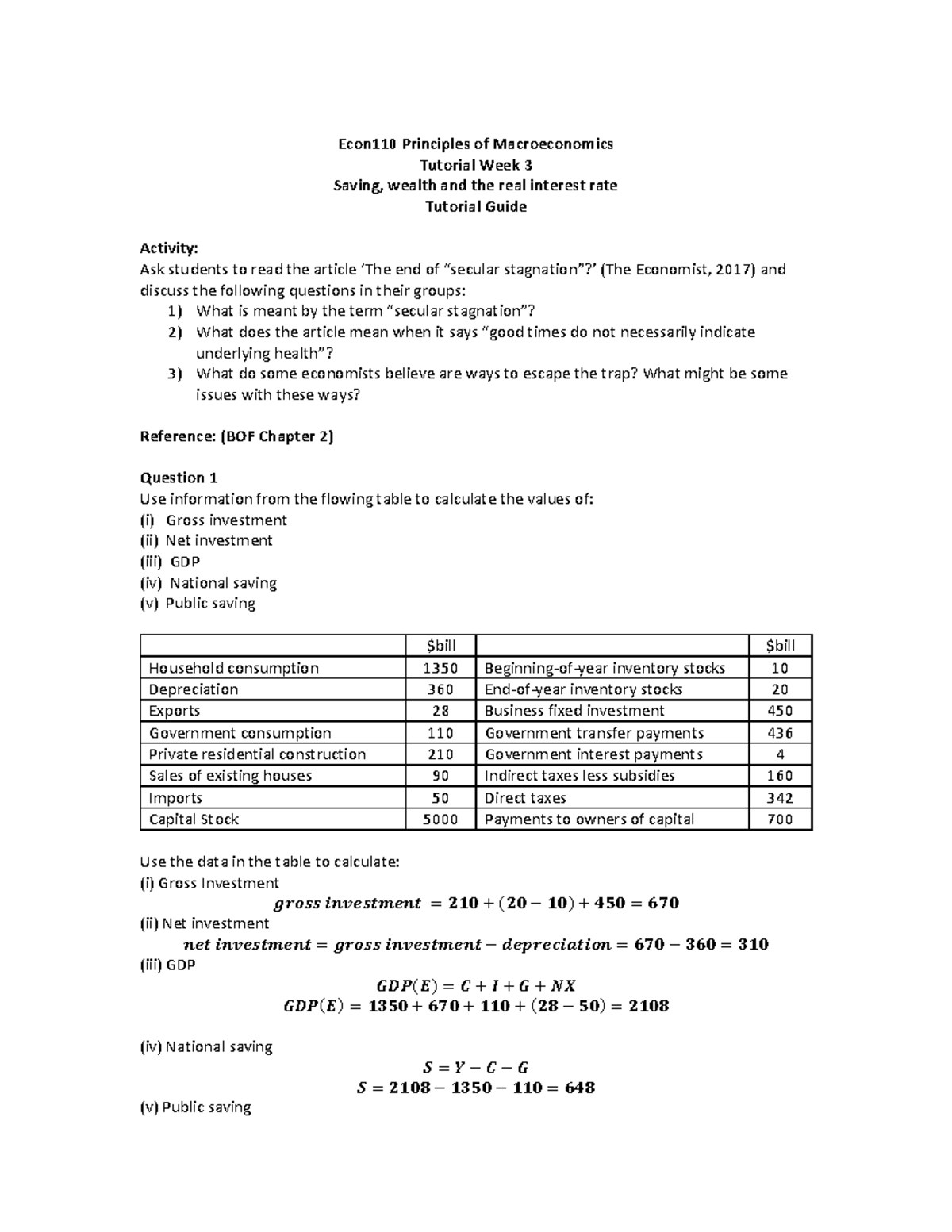 Tutorial Week 3 ECON110 (Solutions) - Econ110 Principles of ...