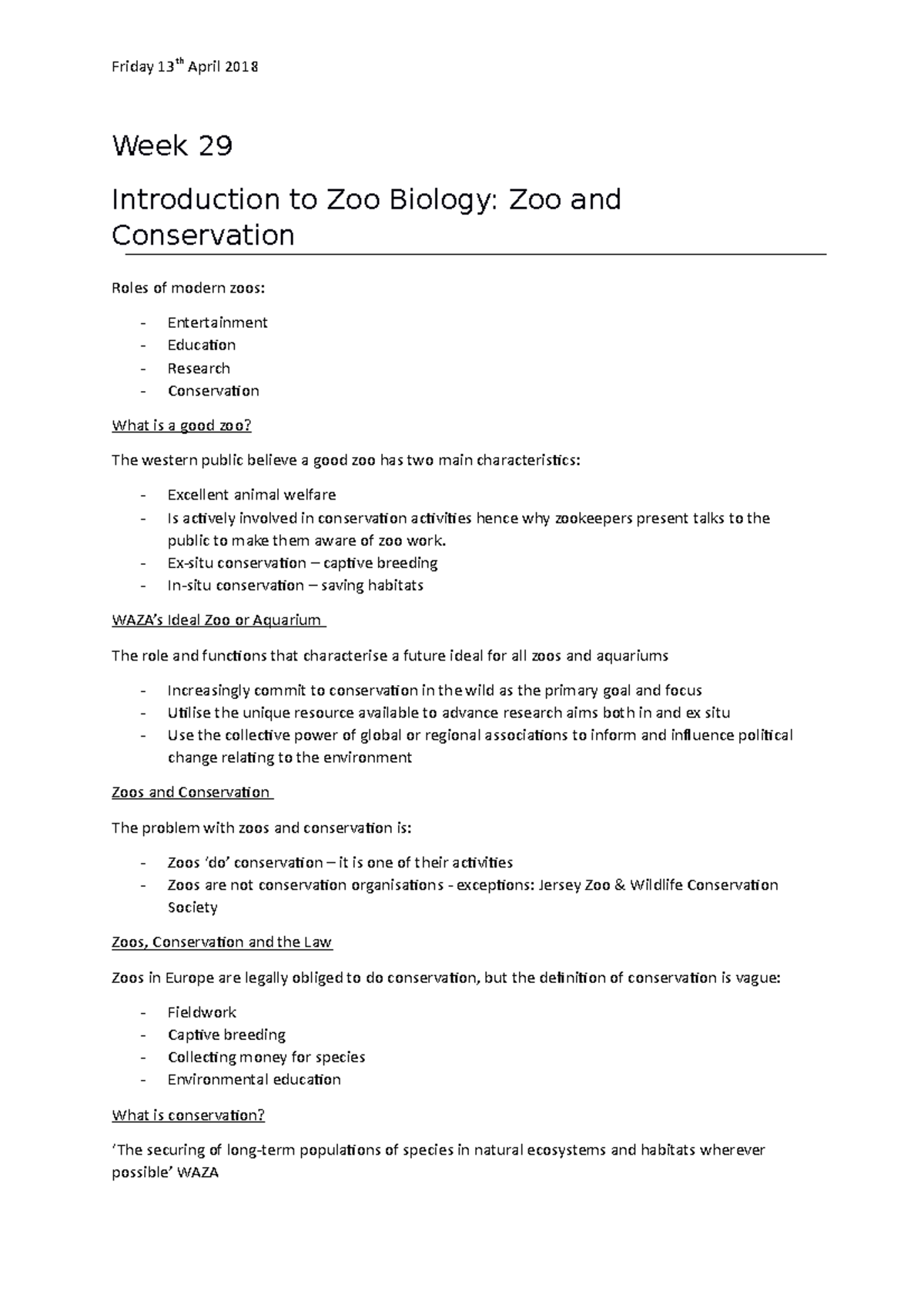 Week 29 - Zoo and Conservation - Week 29 Introduction to Zoo Biology ...