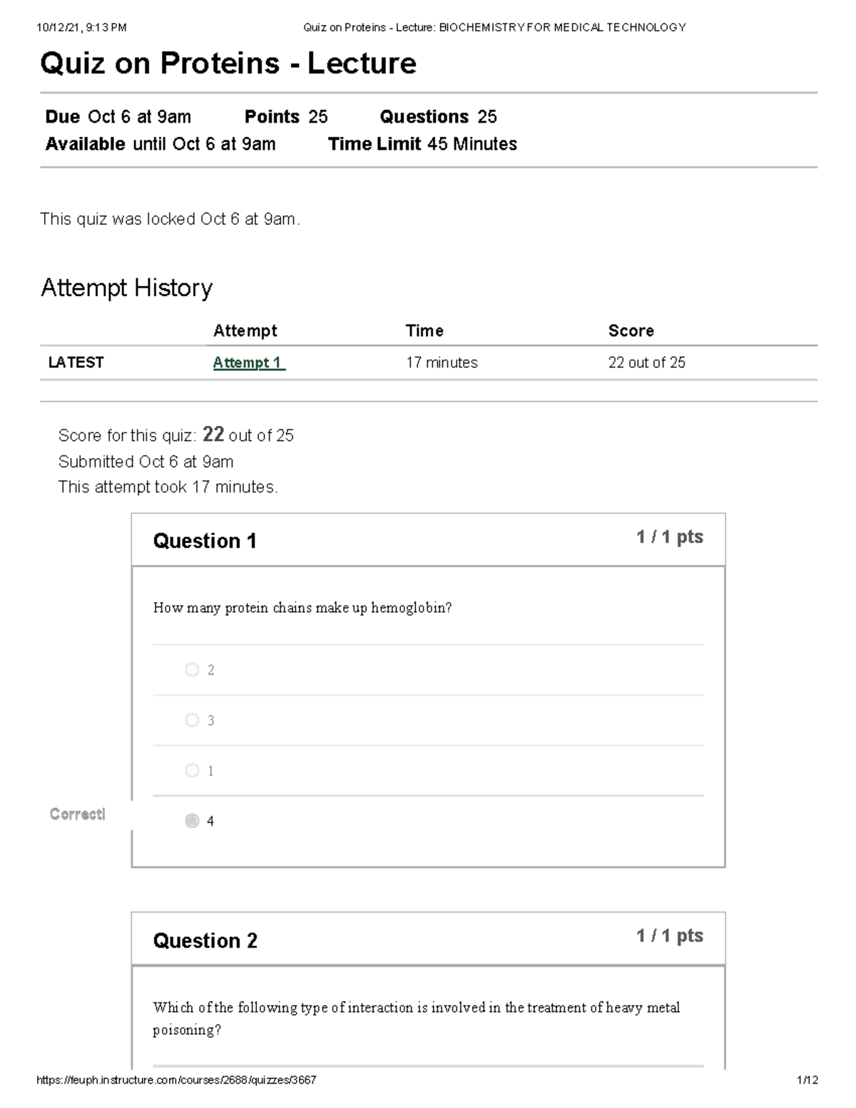 645407801 Quiz on Proteins Lecture Biochemistry for Medical Technology ...