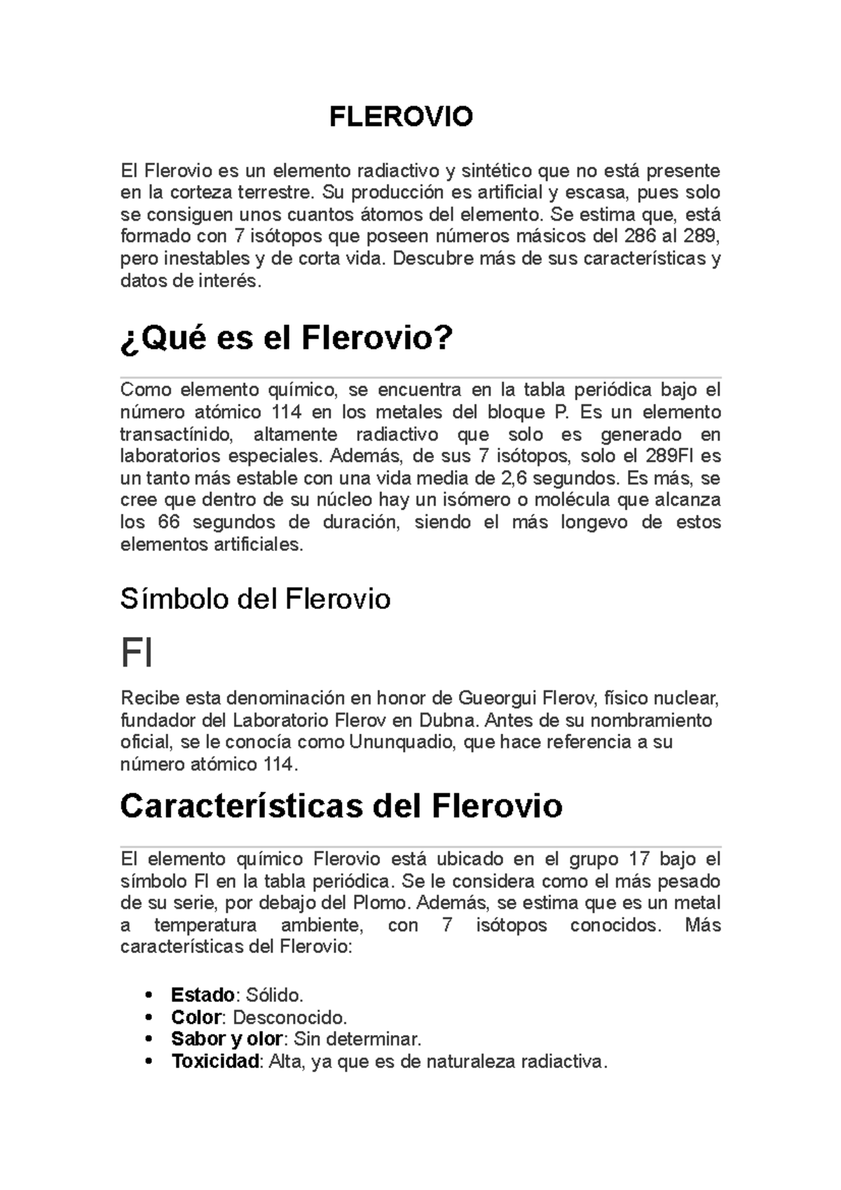 Investigacion flerovio - FLEROVIO El Flerovio es un elemento radiactivo ...