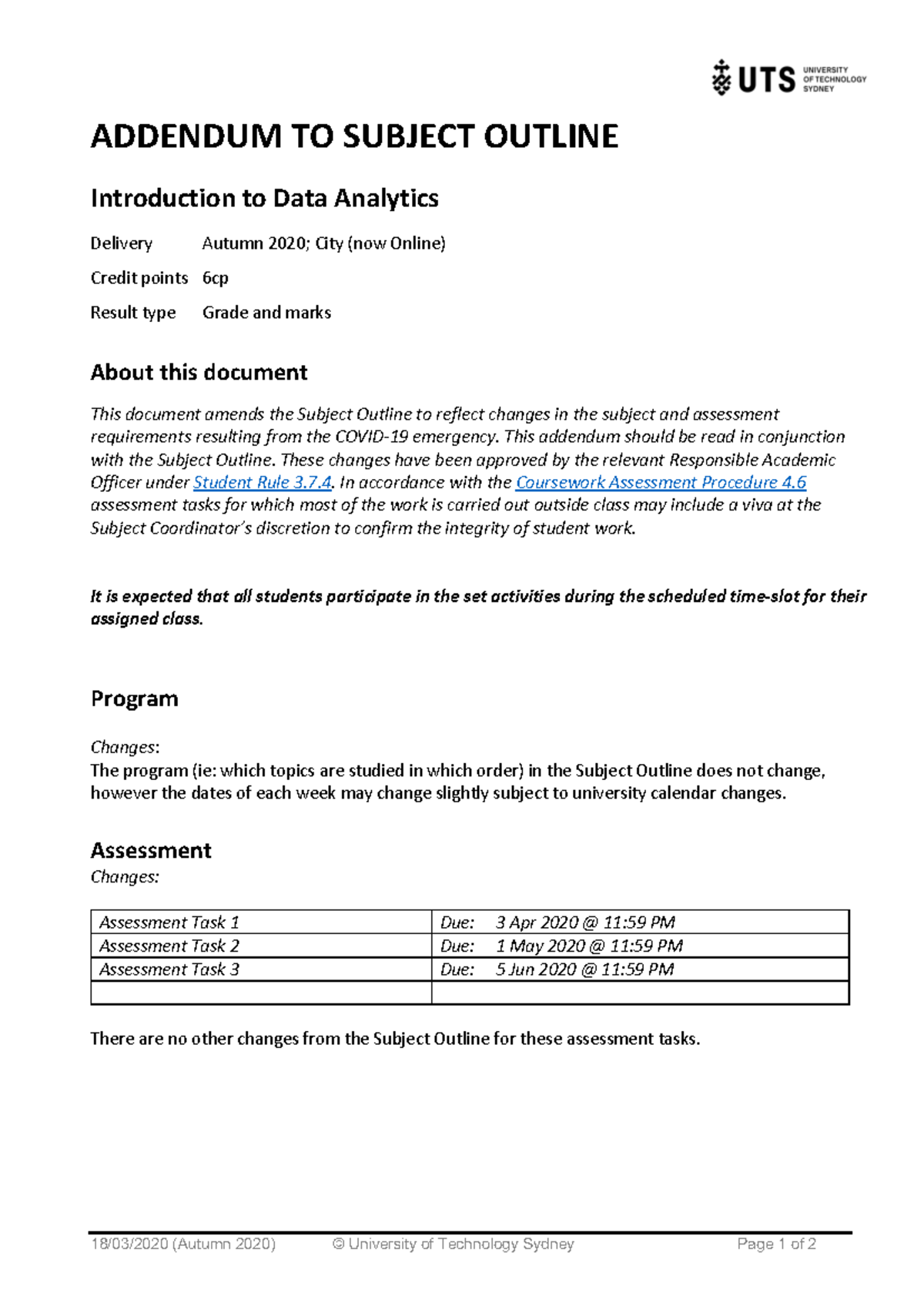Subject Outline Addendum - 18/03/2020 (Autumn 2020) © University of ...