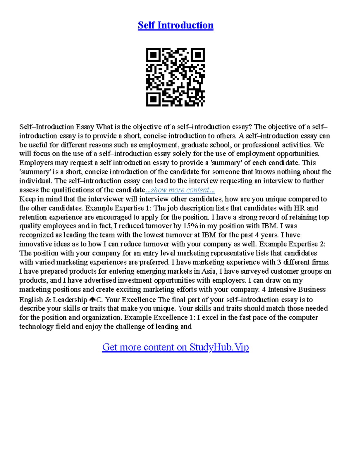 Self Introduction Essay Example - Self Introduction Self–Introduction ...