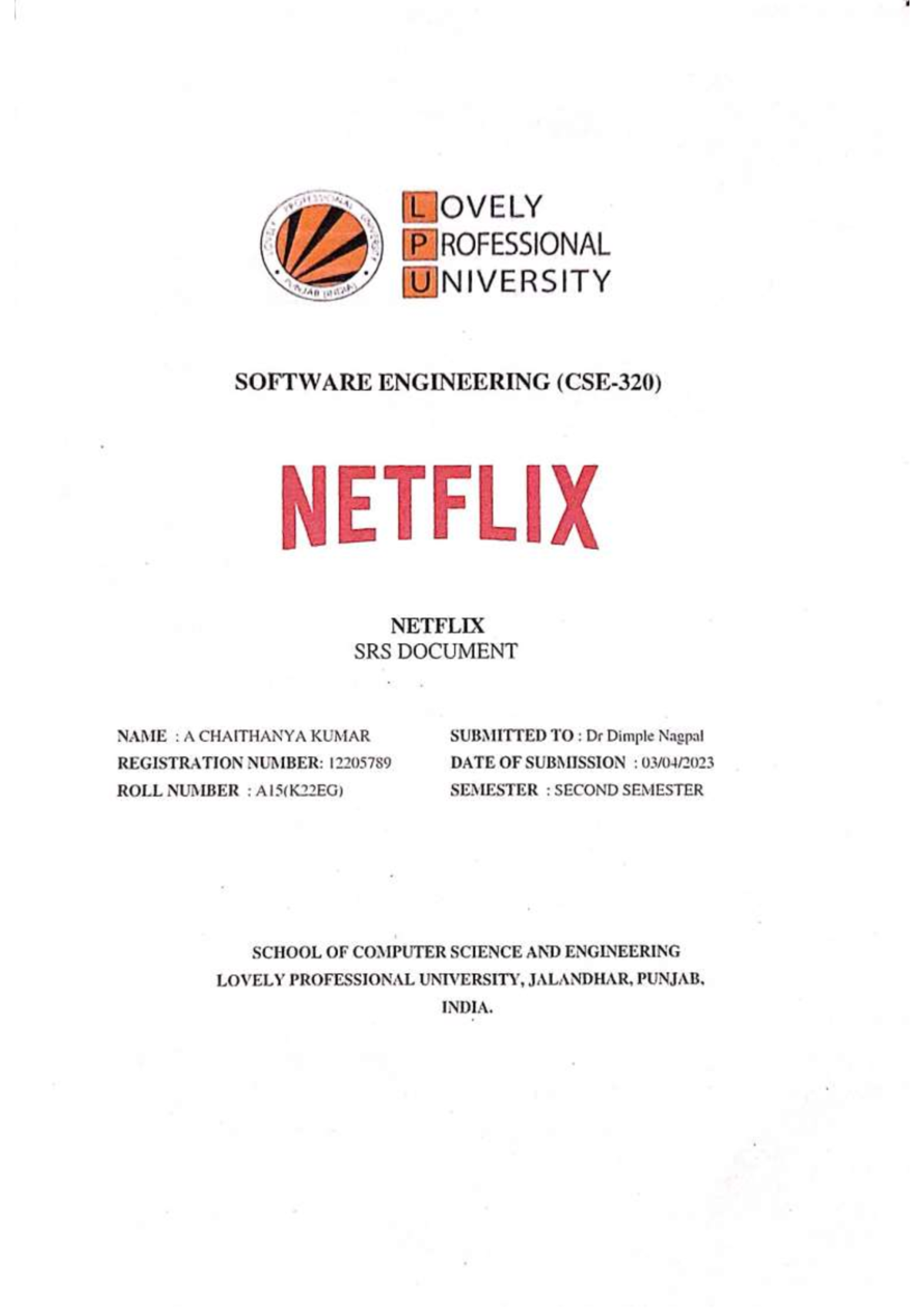 Netflix SRS A. Chaithanya Kumar CSE 320 - Software Engineering - Studocu