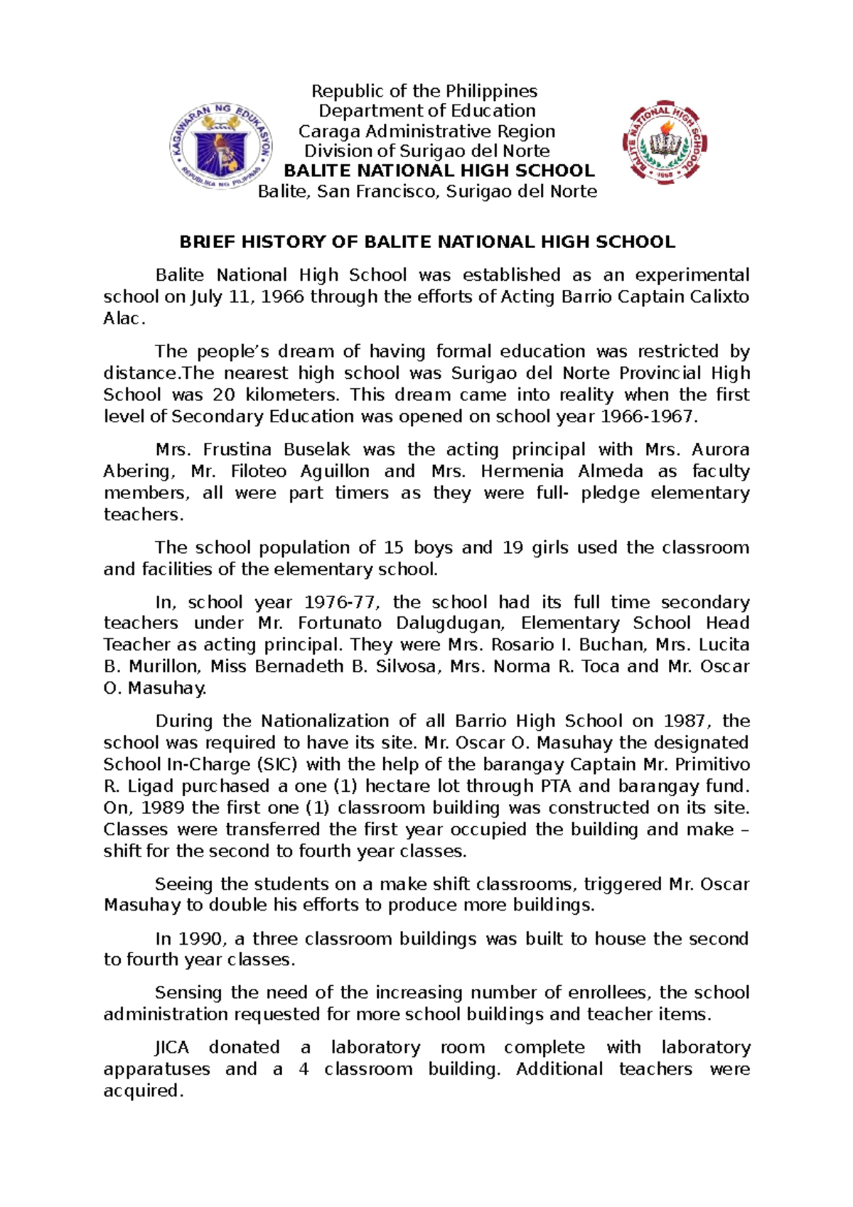 Brief History OF Balite National HIGH School - Republic of the ...