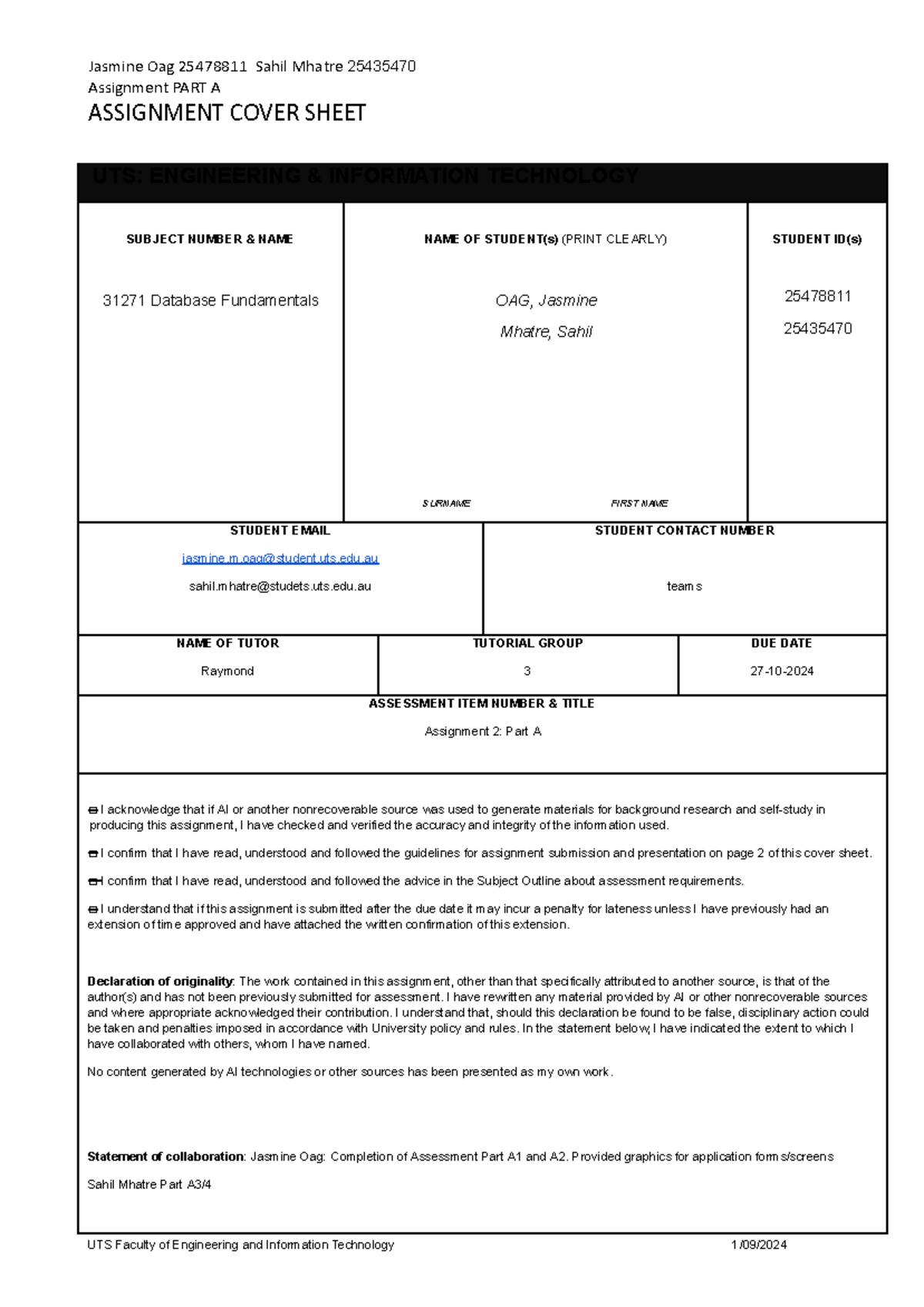 [31271 ] Group 152 - Assignment.docx - Google Docs - Assignment PART A ASSIGNMENT COVER SHEET ...