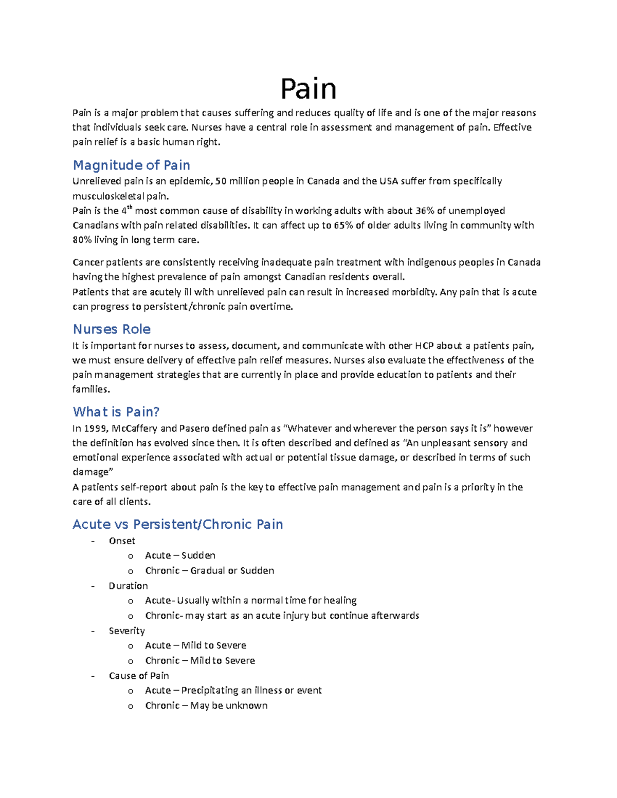 Pain - Lecture Notes - Pain Pain is a major problem that causes ...