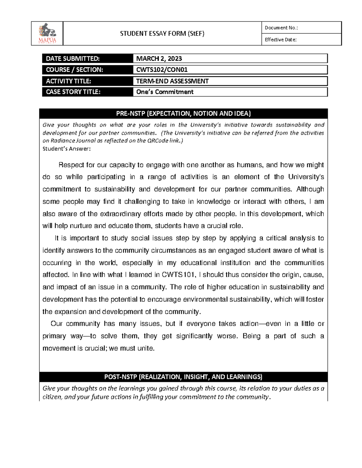 Form CWTS102 Term end Essay part 1 - STUDENT ESSAY FORM (StEF) Document ...