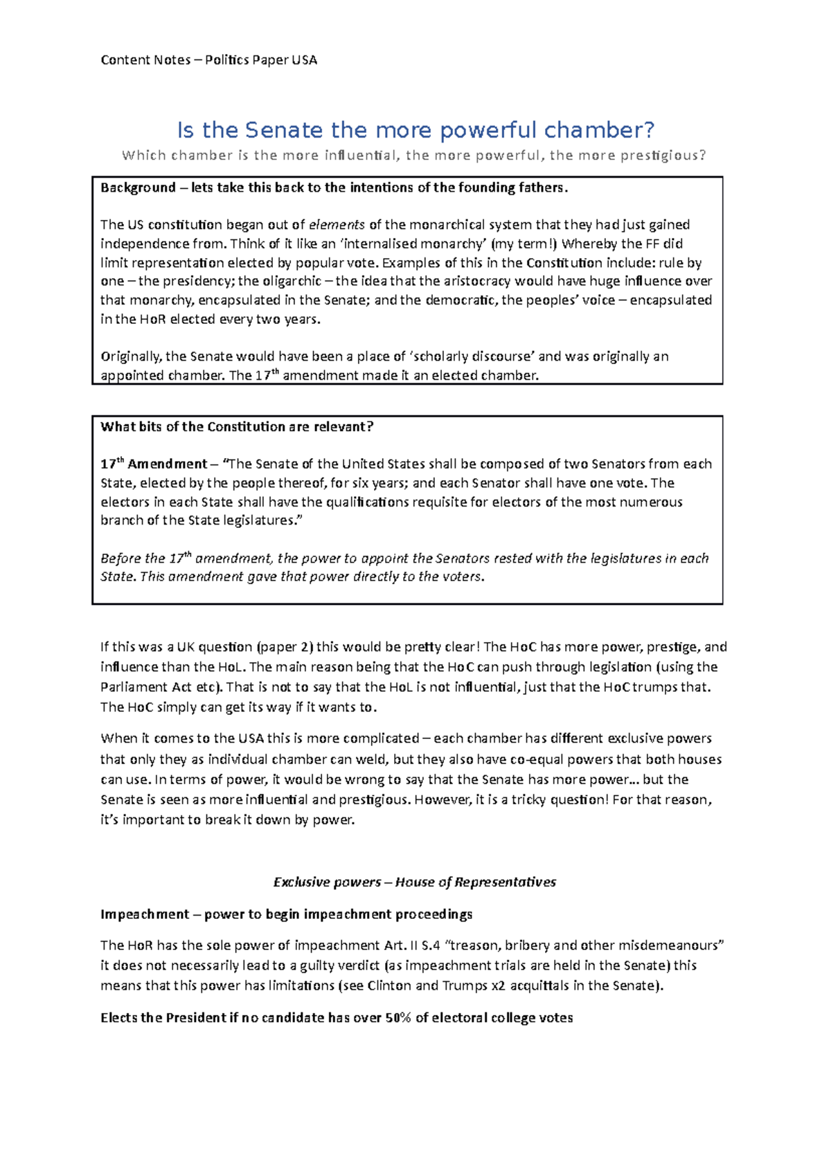 Power of the Ho R vs Senate Notes - Content Notes – Politics Paper USA ...