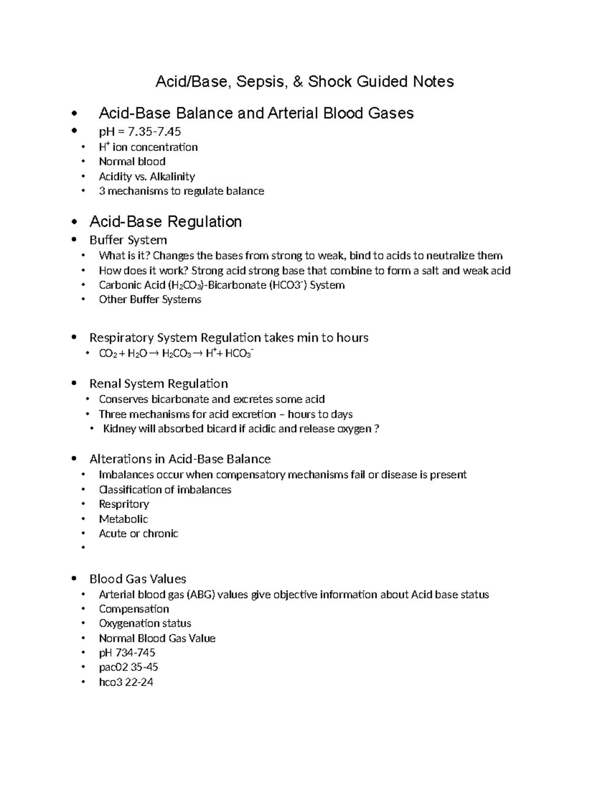 RNRS 216 Acid Base Sepsis Shock Guided Notes - Acid/Base, Sepsis ...