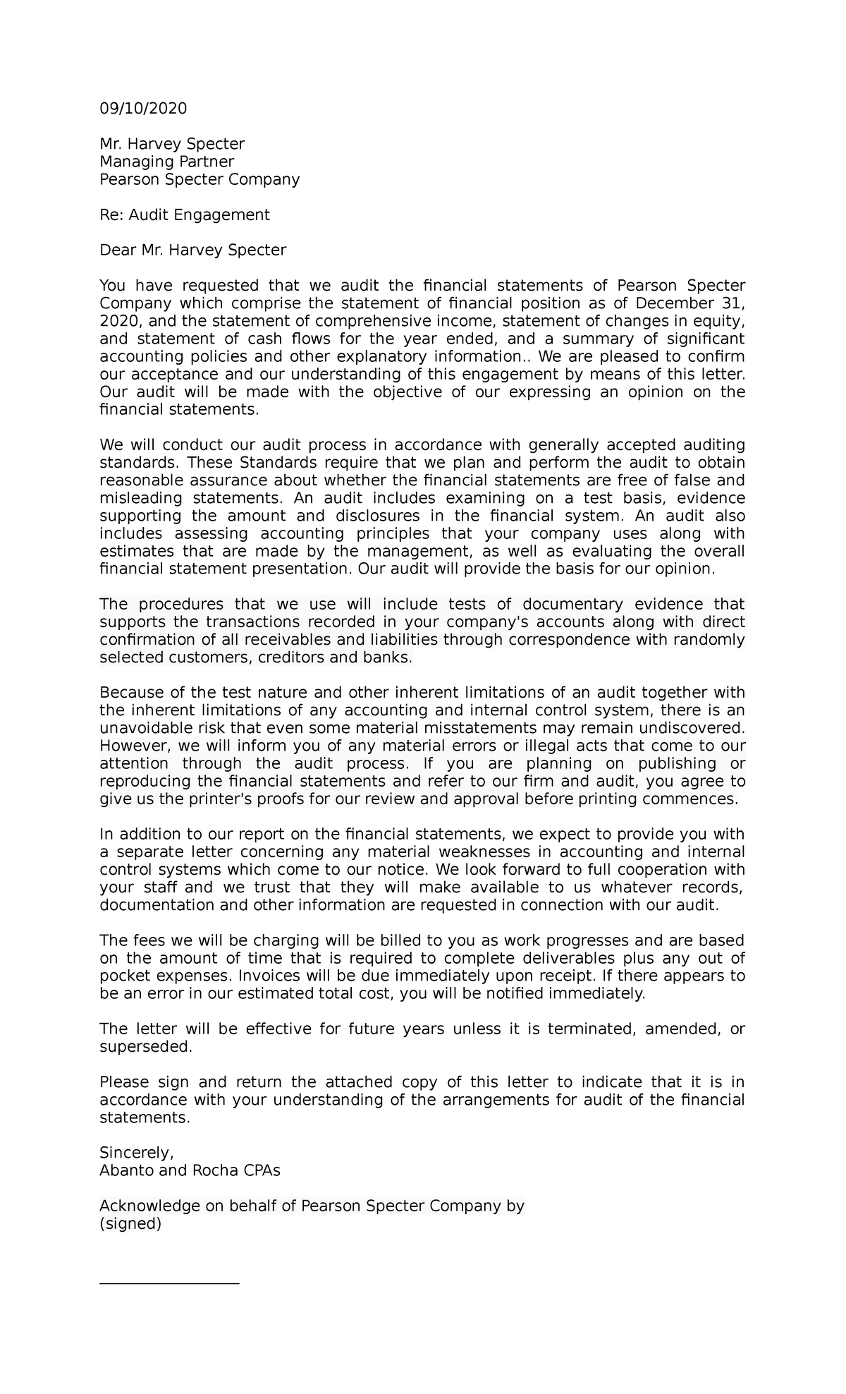 Auditing Engagement Letter - 09/10/ Mr. Harvey Specter Managing Partner ...