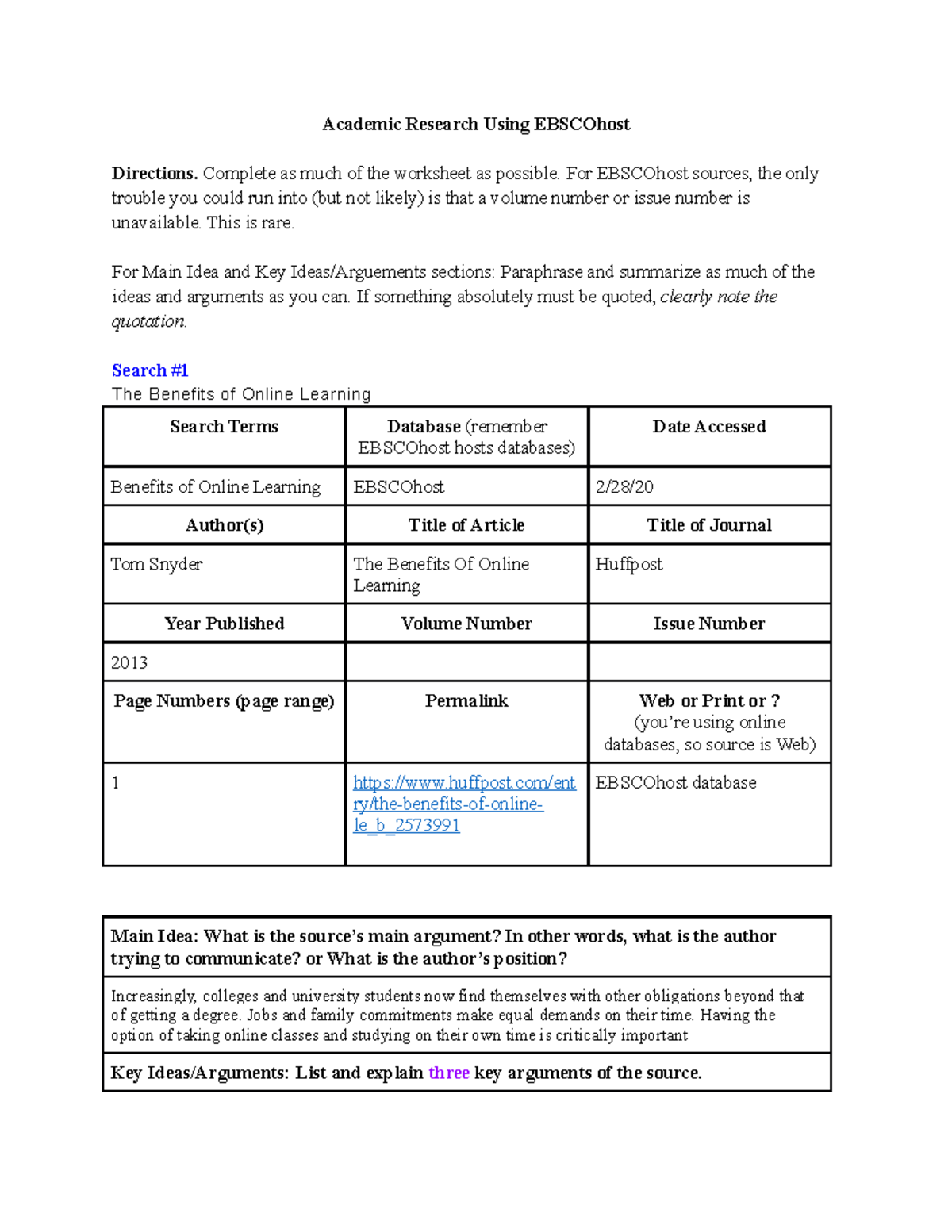 Academic Research Using Ebscohost - Academic Research Using EBSCOhost Directions. Complete as ...