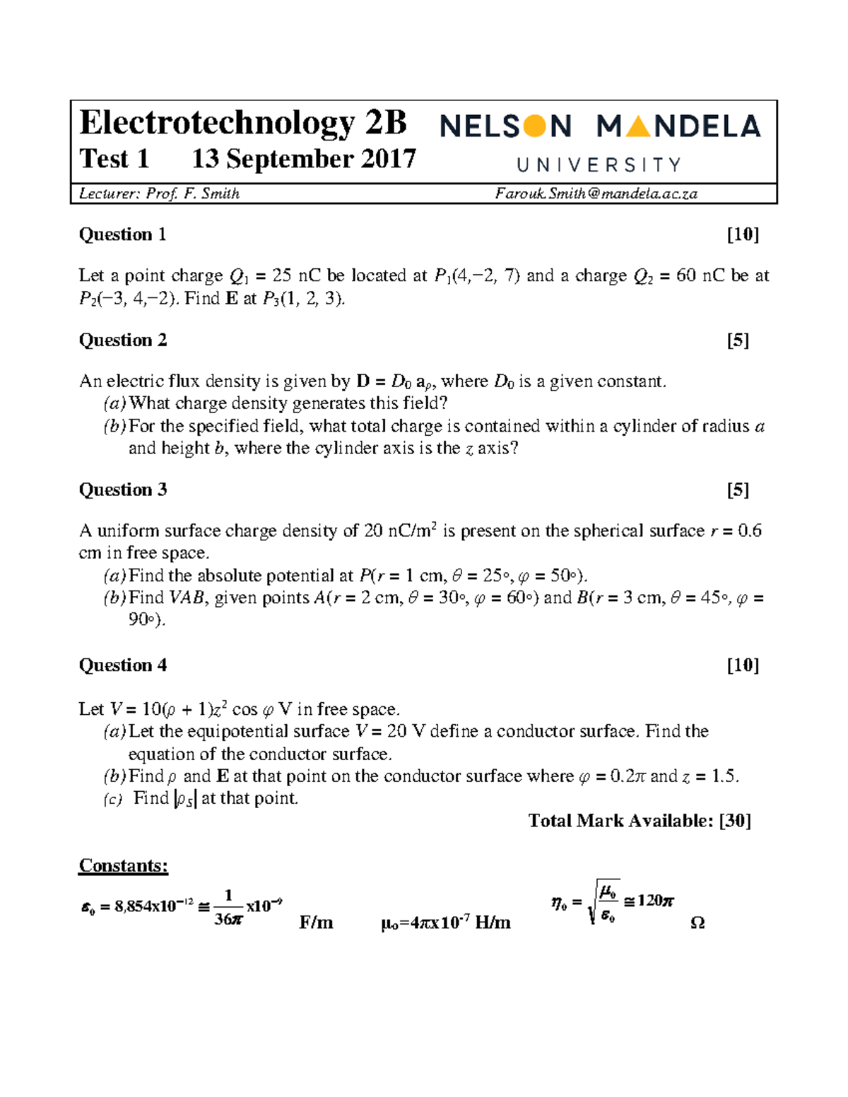 METV212 Test 1 2017 - past paper - Electrotechnology 2B Test 1 13 ...