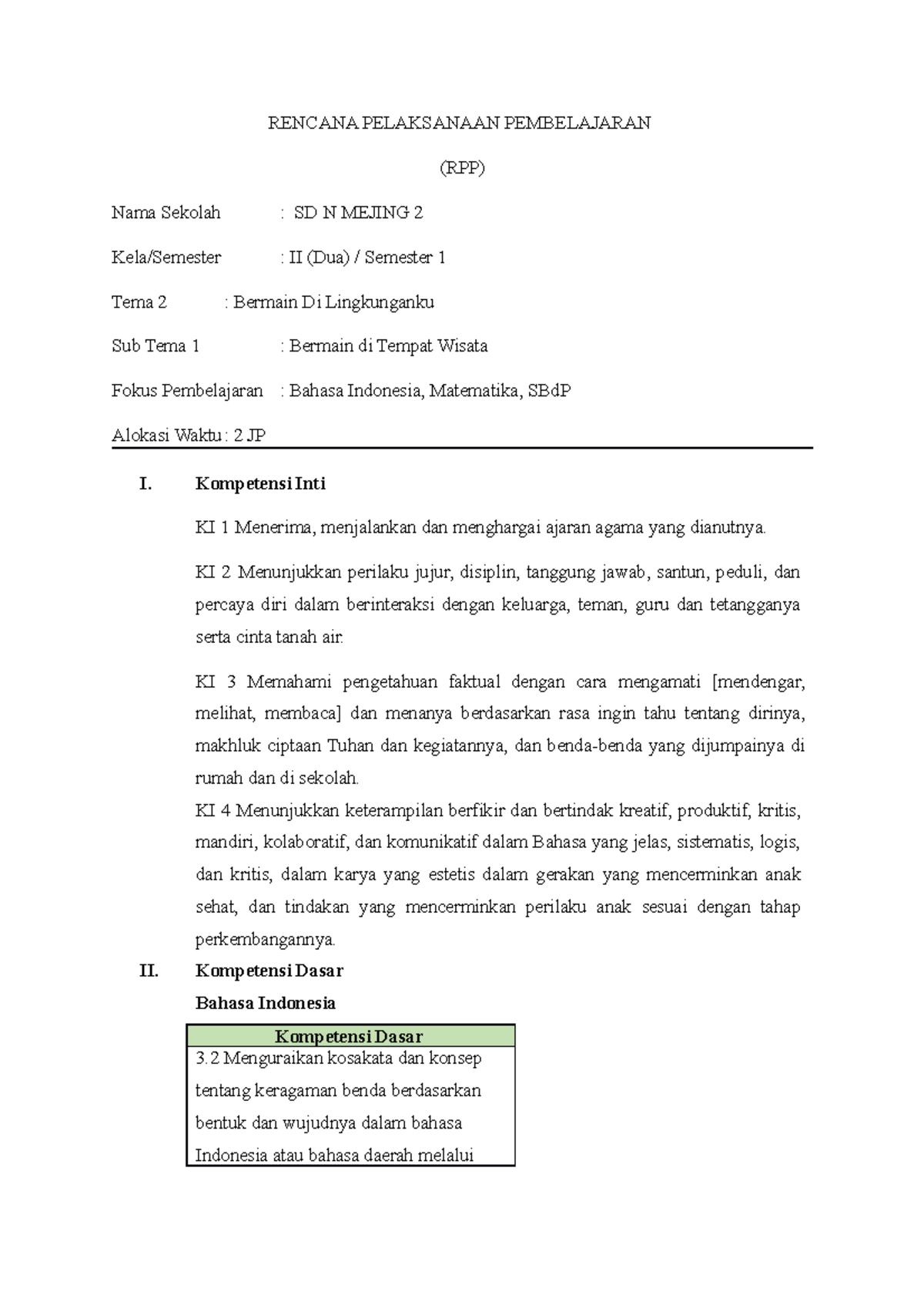 RPP Kelas 2 TEMA 2 SUB 4 PB 1 - RENCANA PELAKSANAAN PEMBELAJARAN (RPP ...