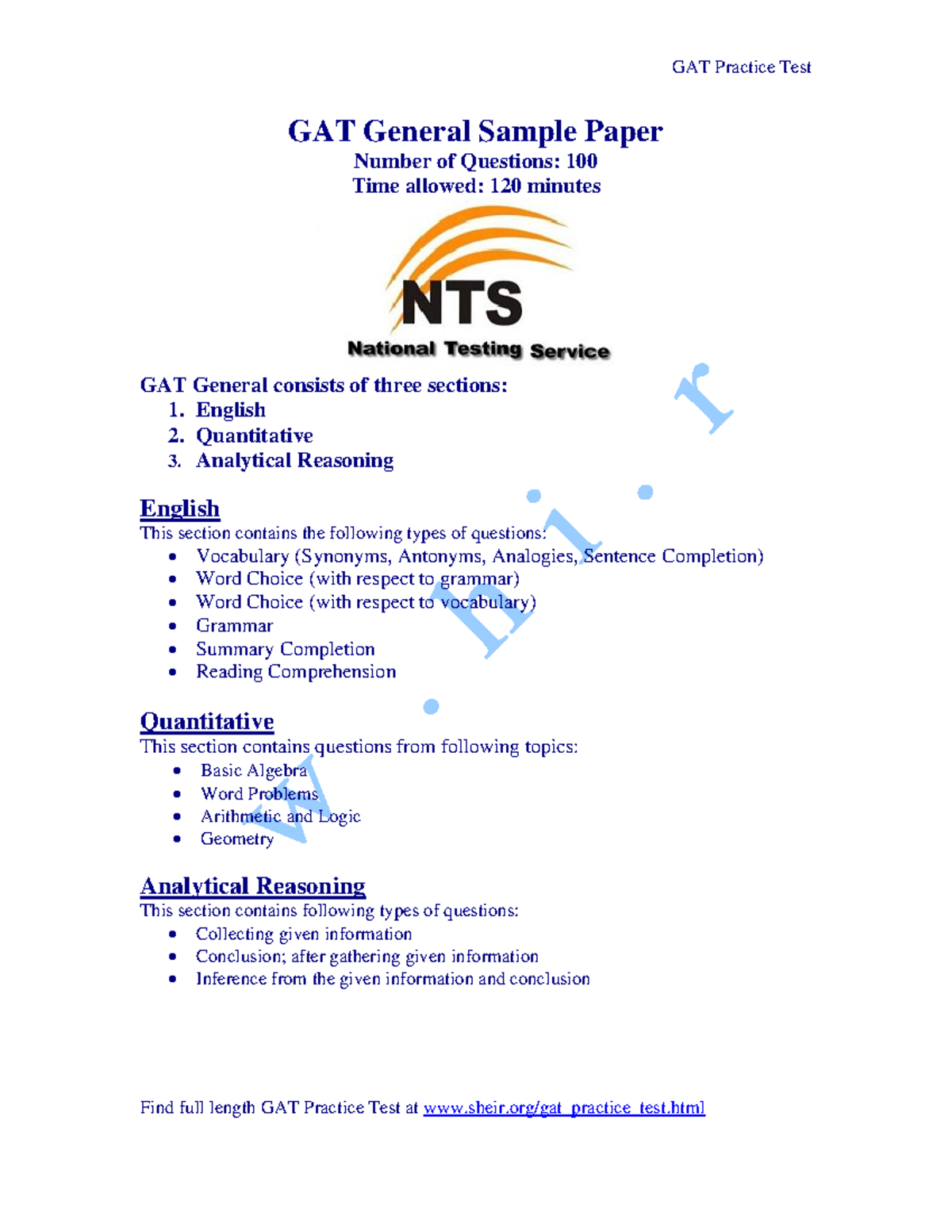 NTS GAT Model Paper 2 - GAT General Sample Paper Number of Questions ...