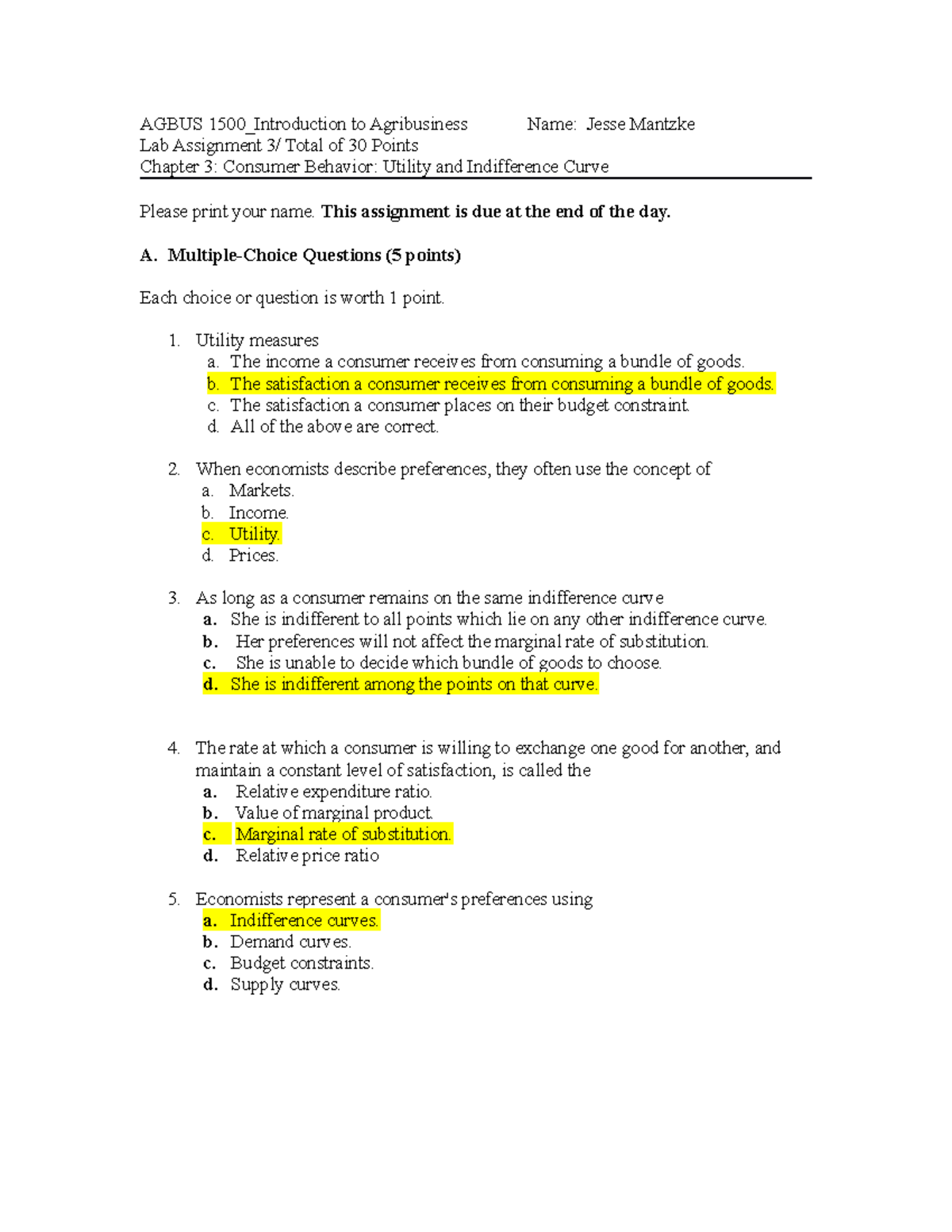 LAB Assignment 3 Utility and Indifference Curve - AGBUS 1500_Introduction to Agribusiness Name ...