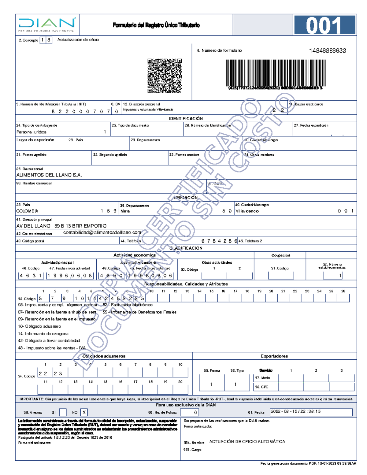 RUT Alimentos DEL Llano-2 - 27. Fecha expedición Exportadores Para uso ...