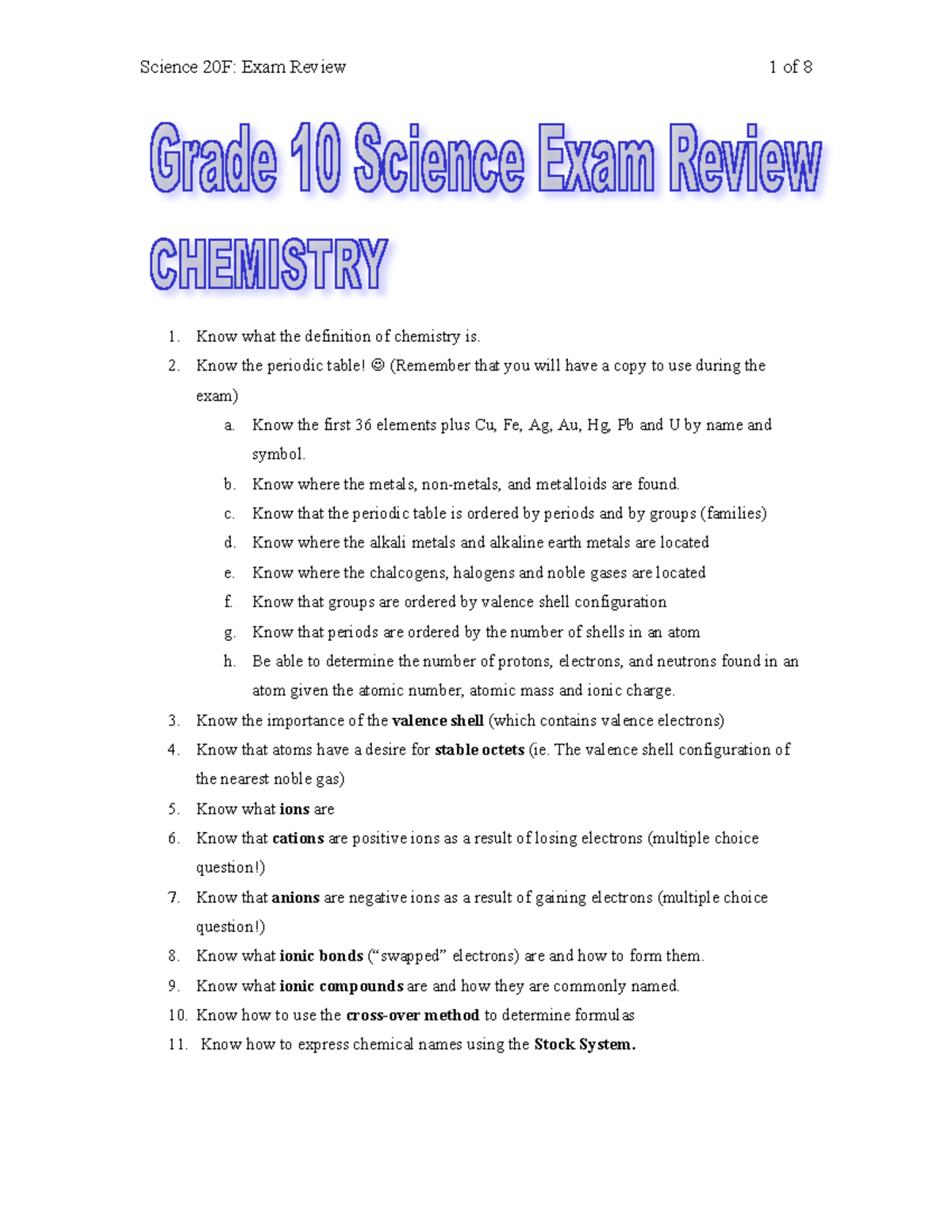 Science Grade 10 Final Exam Review - Know what the definition of ...