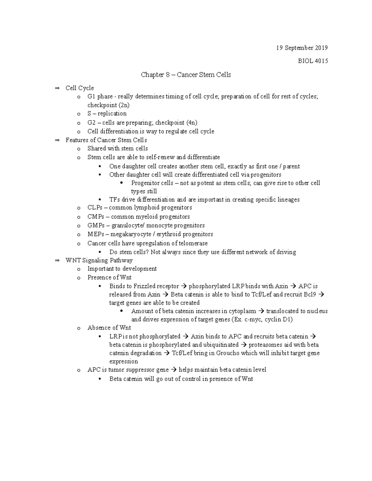 19 September - Chapter 8 – Cancer Stem Cells - 19 September 2019 BIOL ...