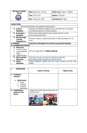 Detailed Lesson PLAN - Q3 - W3 - DETAILED LESSON PLAN Name: Marie Kit S. Terrenal Grade Level ...