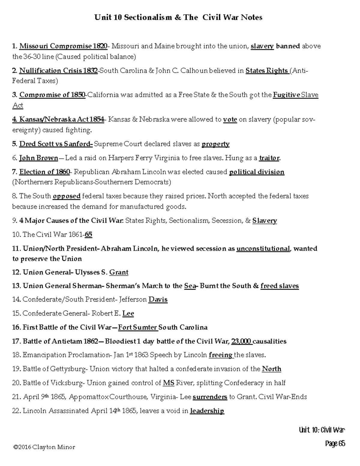 Unit 10 Notes and Vocab - Unit 10 Sectionalism & The Civil War Notes 1 ...