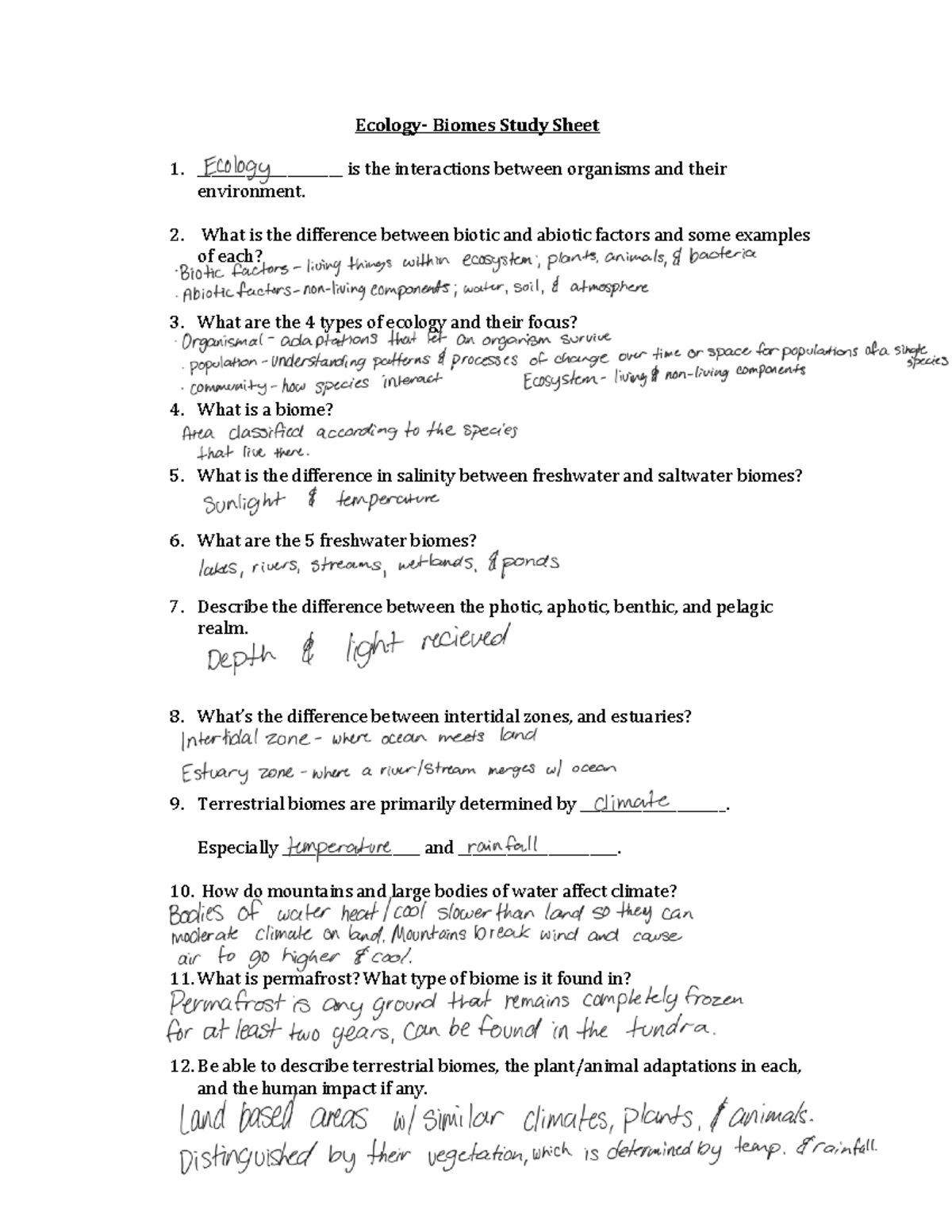 Ecology- Biomes Study Sheet - Ecology-­‐ Biomes Study Sheet ...