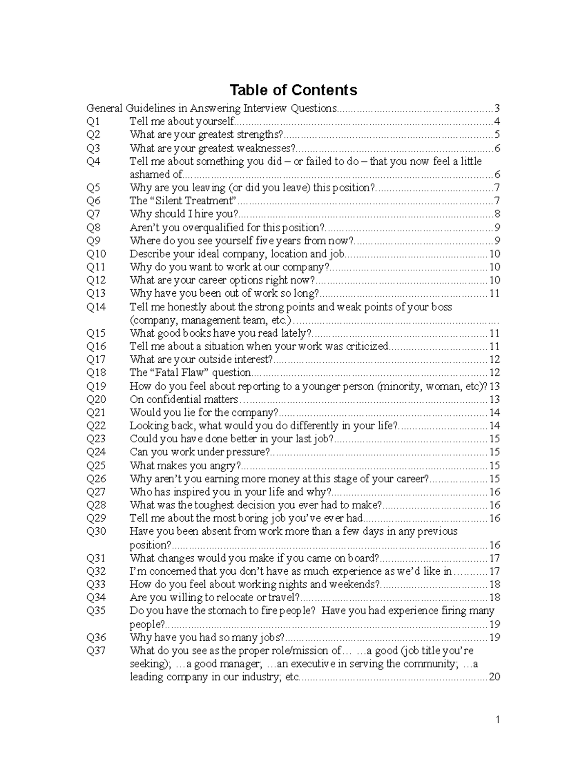 64 Popular Interview Questions - Table of Contents Q14 Tell me honestly ...