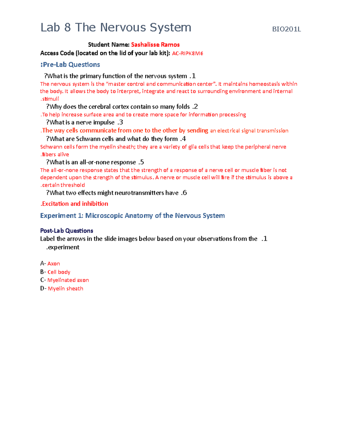Bio 201- lab 8 word - Straighterline university - Student Name: Sashalisse Ramos Access Code ...