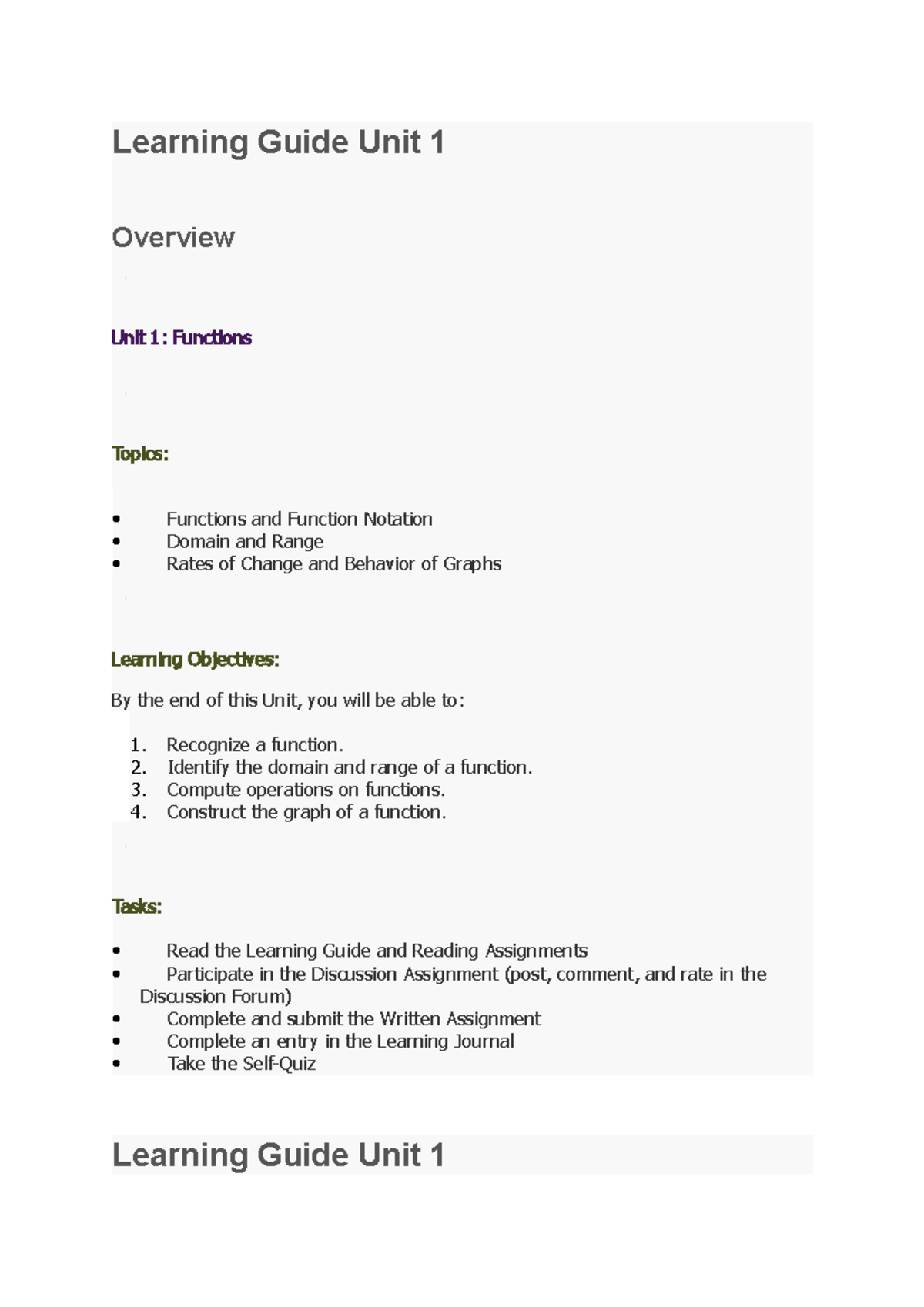 Learning Guide Unit 1 Nil Learning Guide Unit 1 Overview Unit 1 Functions Topics 