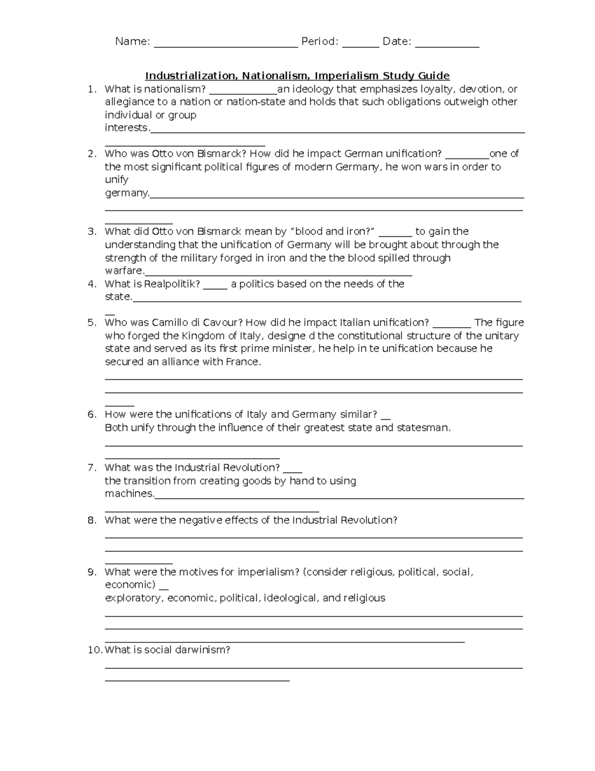 Industrialization, Nationalism, Imperialism Study Guide 1 - Name