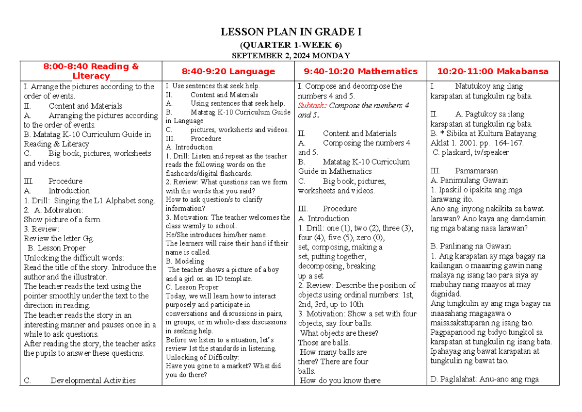 September 2, 2024 - YES - LESSON PLAN IN GRADE I (QUARTER 1-WEEK 6 ...