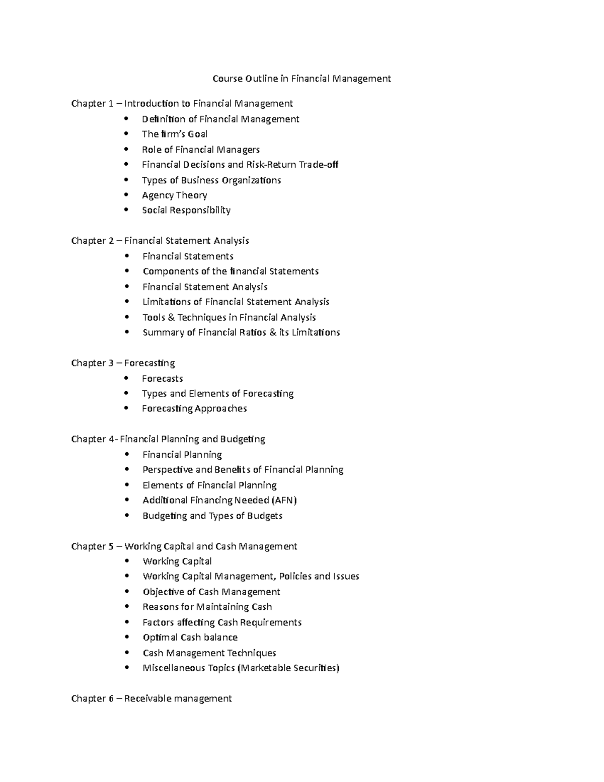Course Outline Financial Management 01 (overview for the semester ...