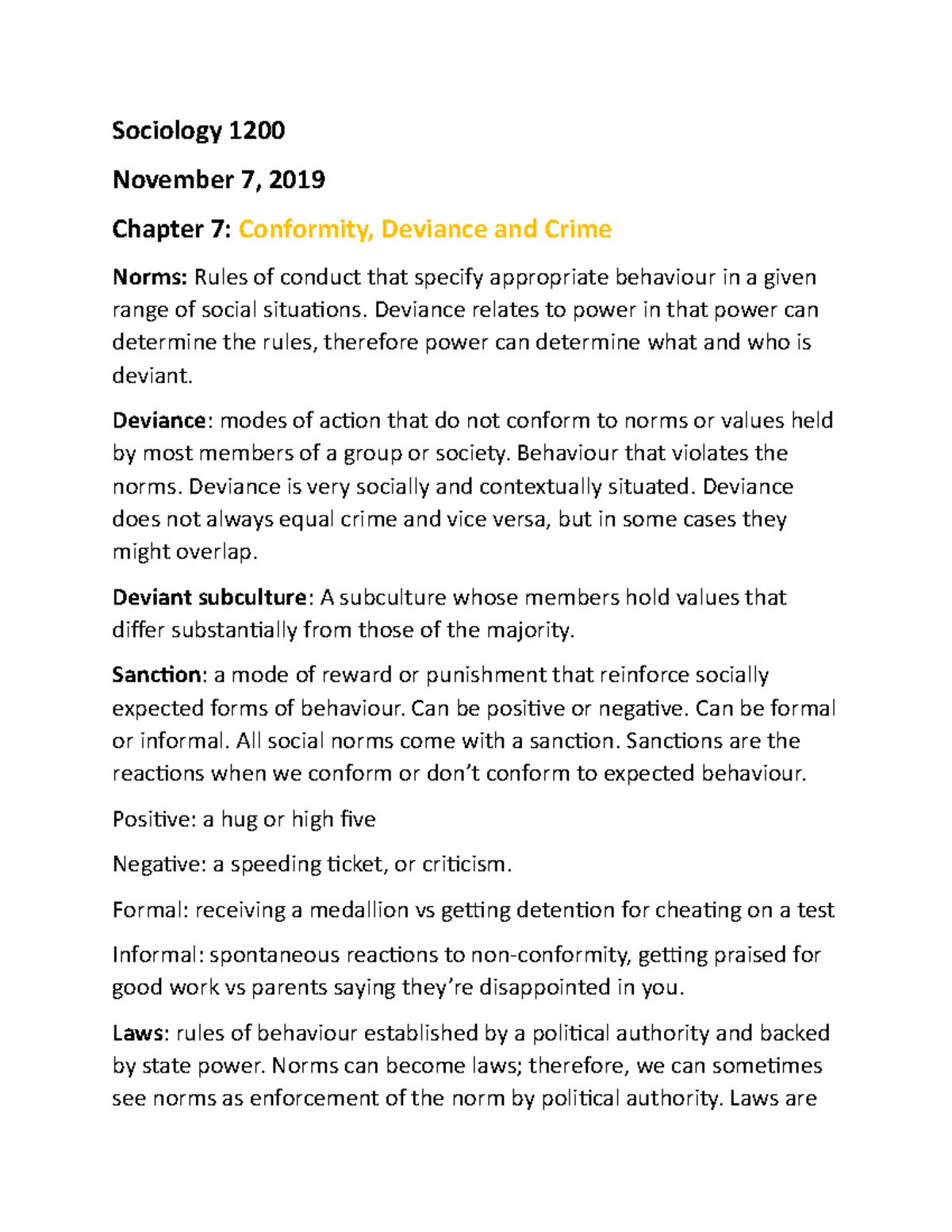 Sociology Chapter 7 - NOTES - Sociology 1200 November 7, 2019 Chapter 7 ...
