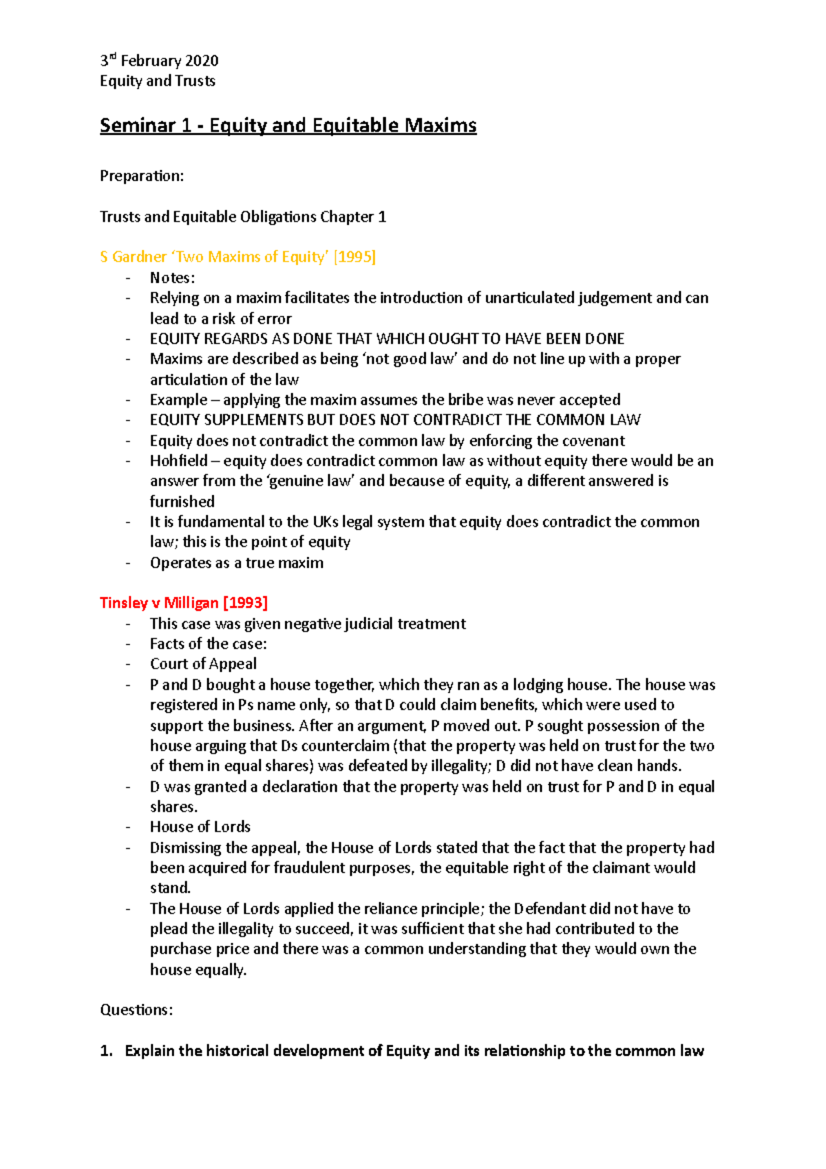 S1 Equity And Maxims Lecture Notes 1 3 Rd February 2020 Equity And Trusts Seminar 1 Equity