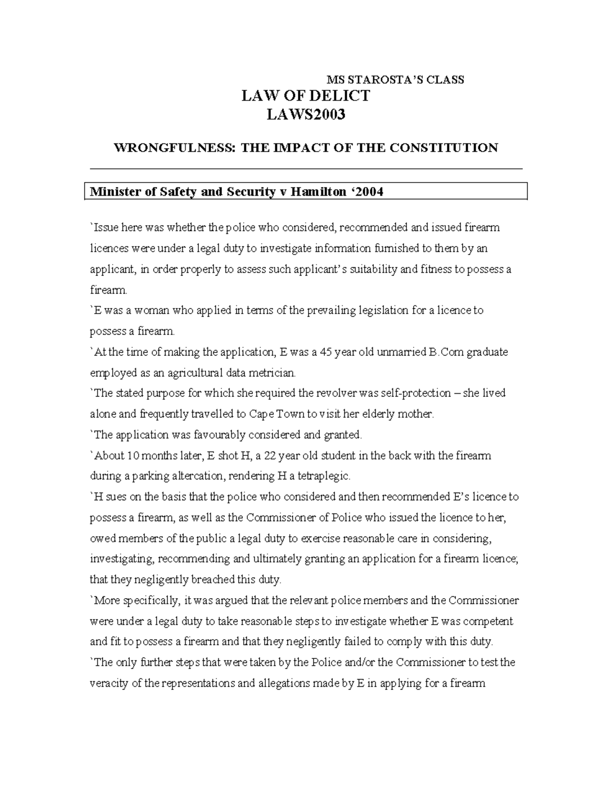 Delict Wrongfulness Hamilton - MS STAROSTA’S CLASS LAW OF DELICT LAWS ...