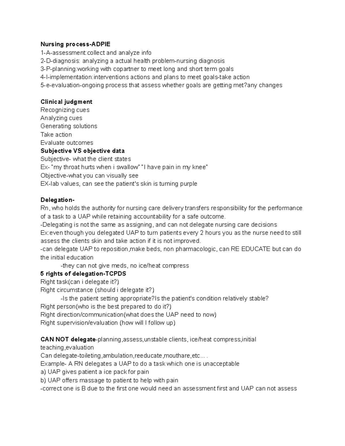 Rough draft study guide - Nursing process-ADPIE 1-A-assessment:collect ...