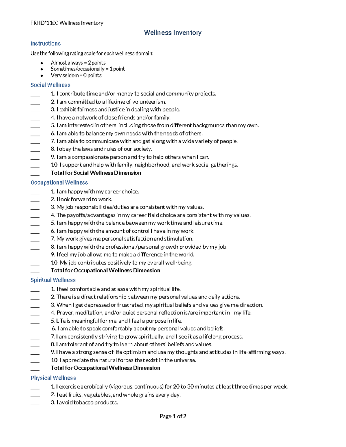 Wellness Inventory FRHD 1100 in class - Wellness Inventory Wellness ...