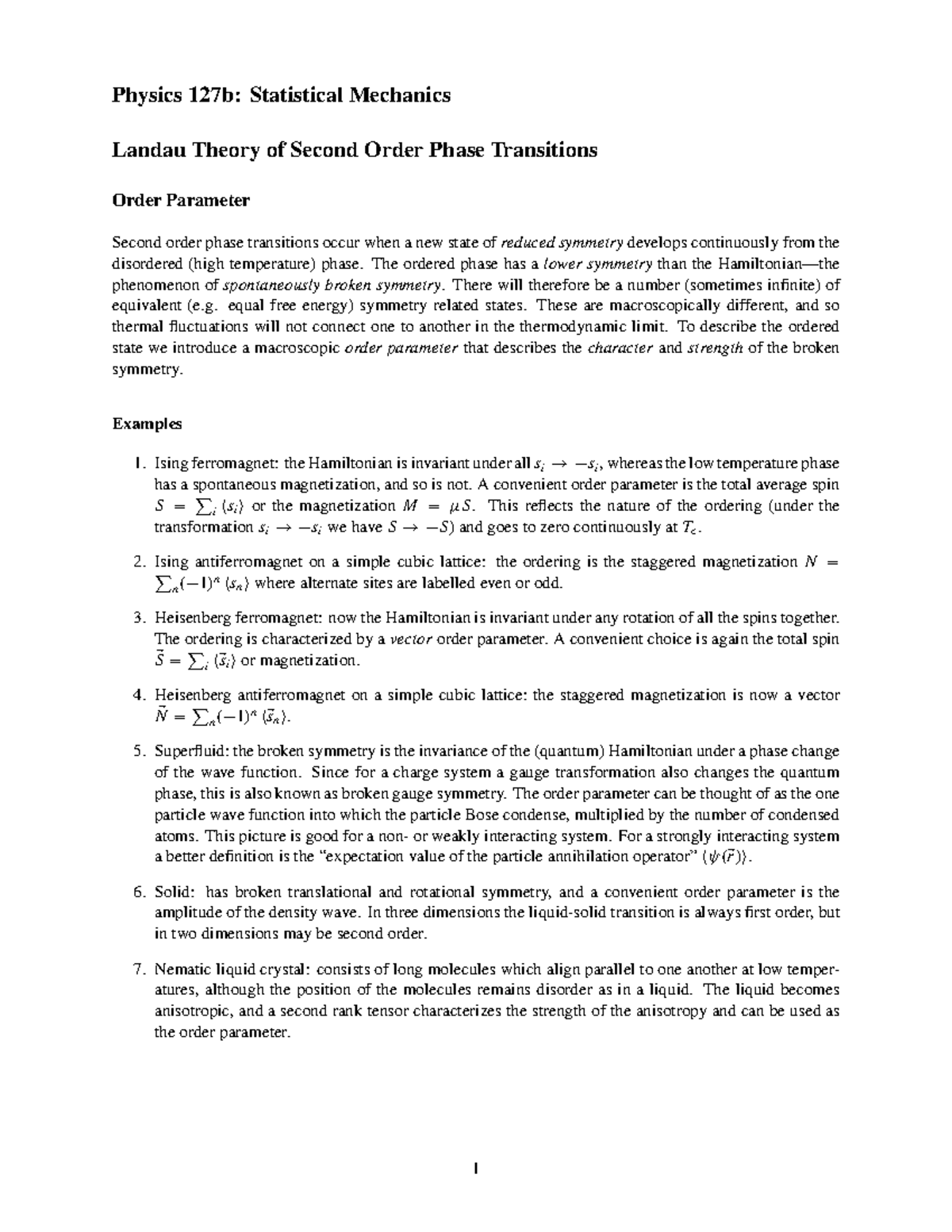 Physics I : Statistical Mechanics - Landau Theory of Second Order Phase ...